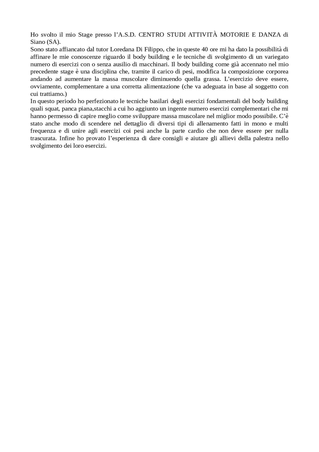 Stage Scienze Motorie Pegaso Docsity