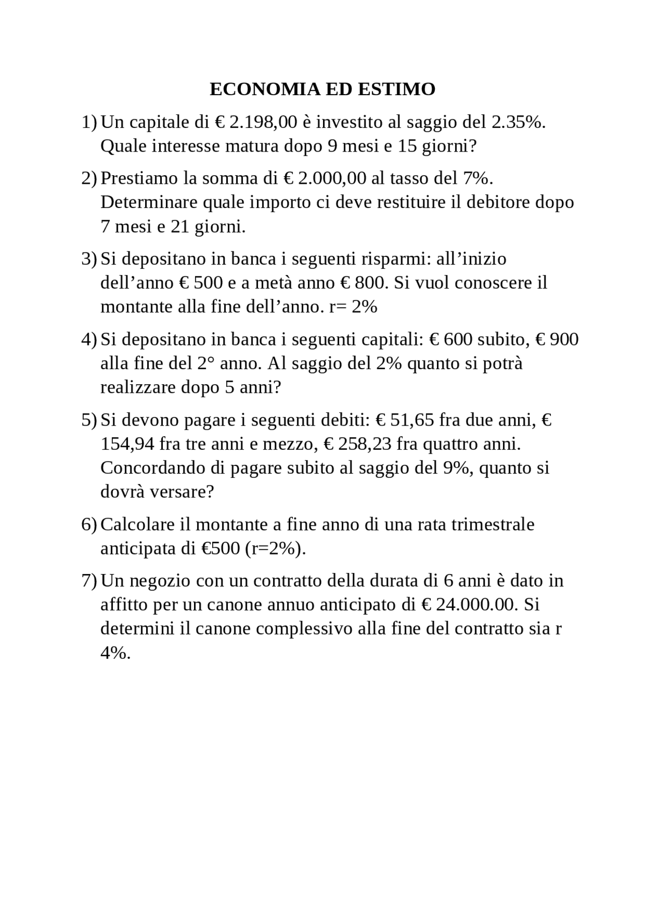 Economia ed estimo domande per il compito - Docsity