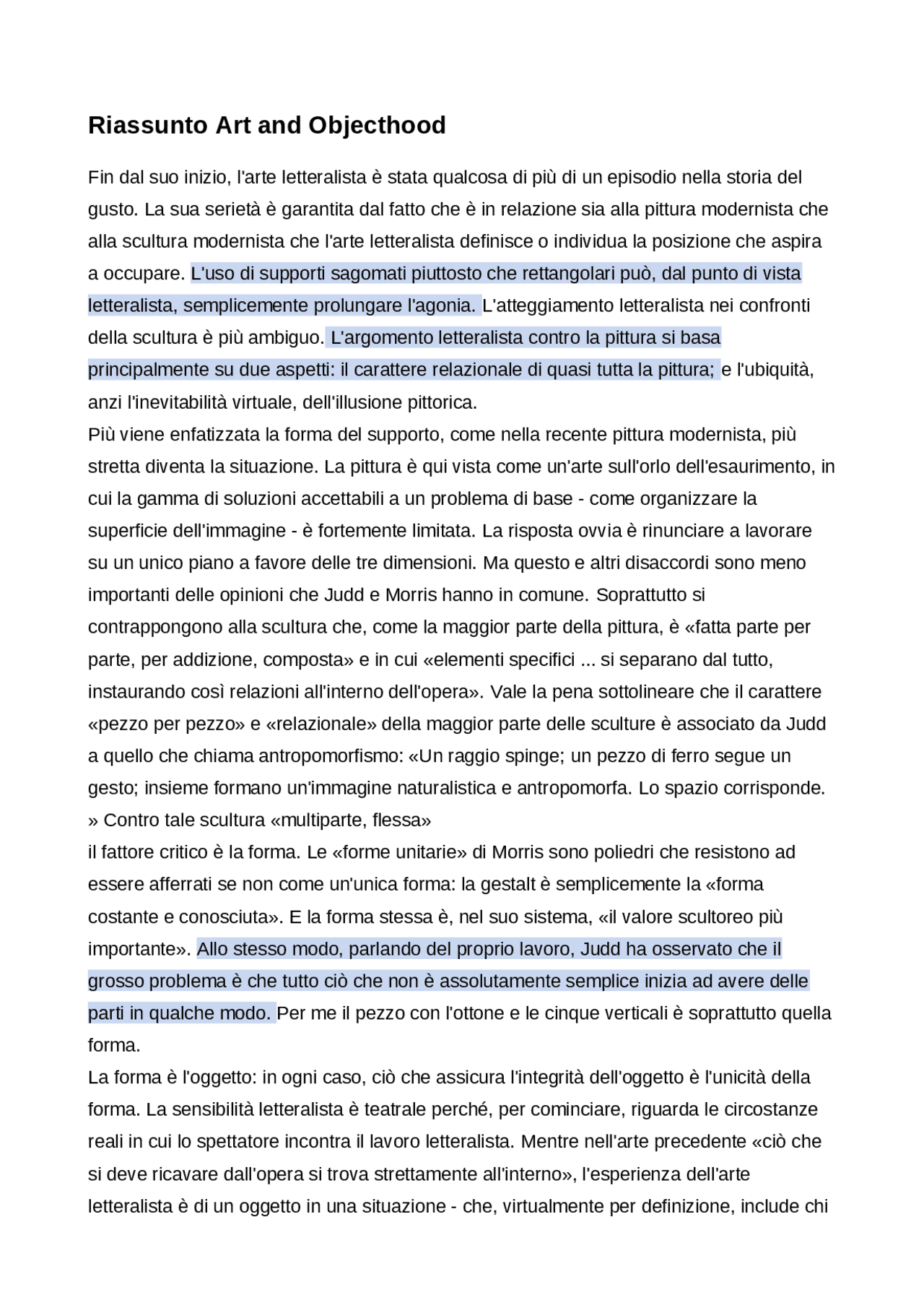 Riassunto Art And Objecthood Docsity
