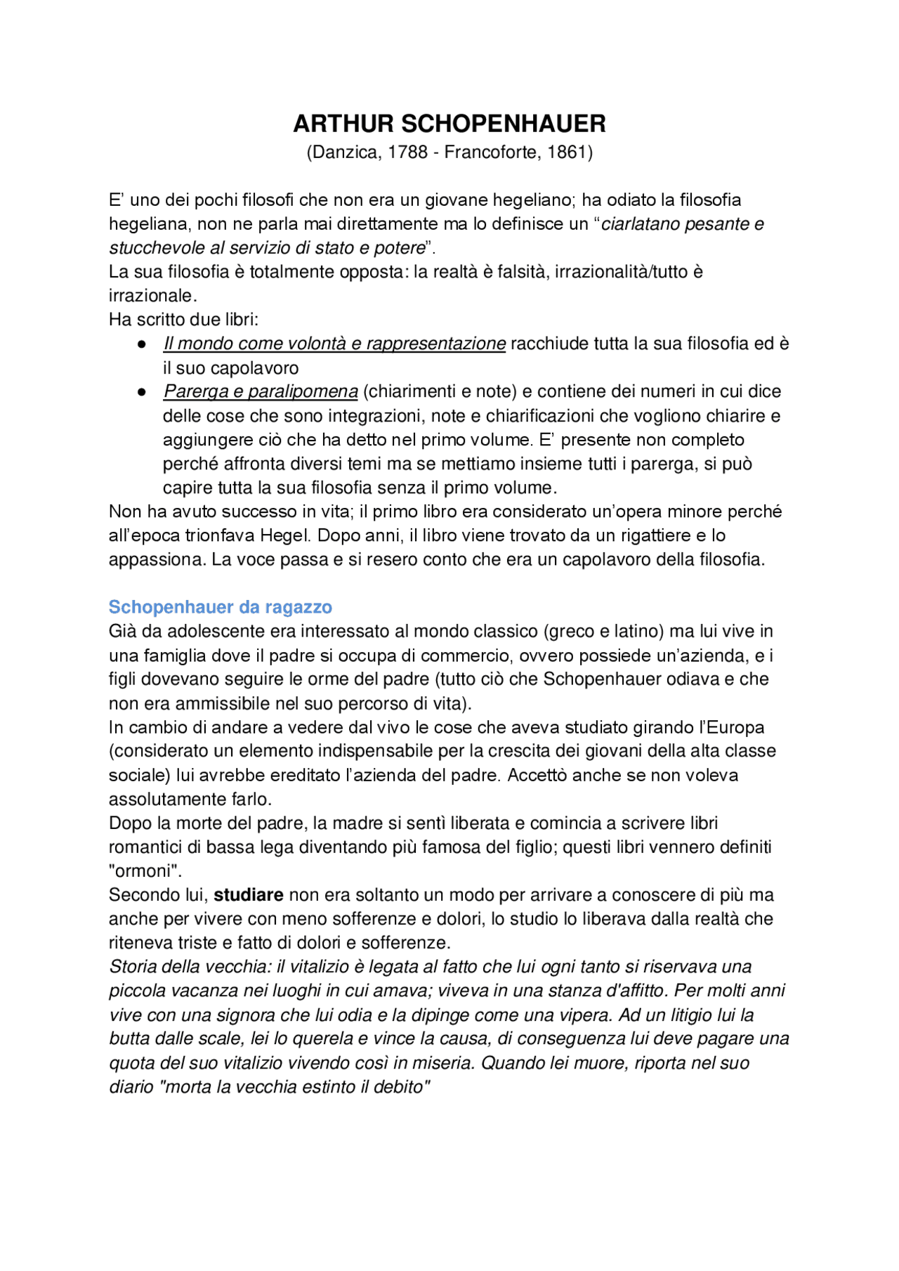 Arthur Schopenhauer - filosofia - Docsity