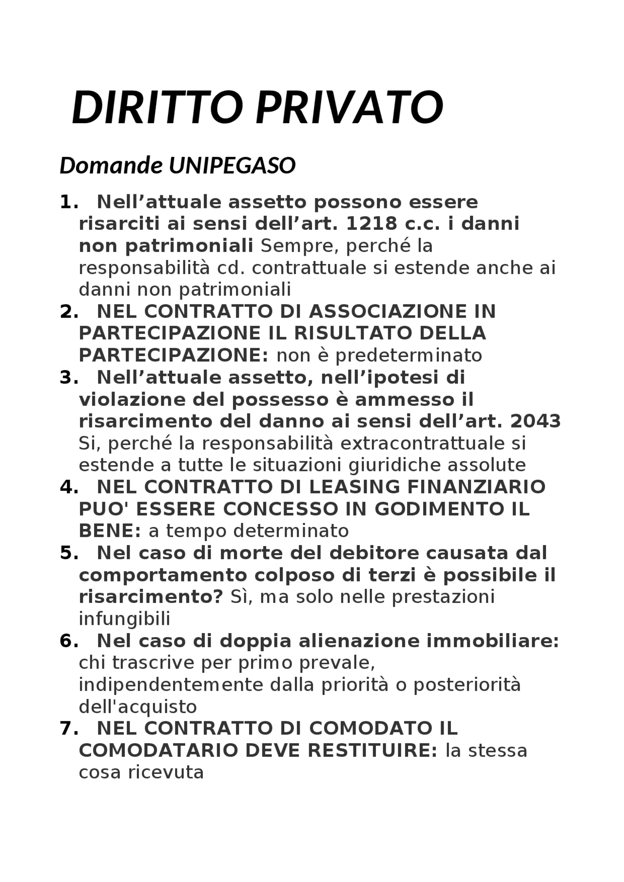 Domande Di Diritto Privato Unipegaso Docsity