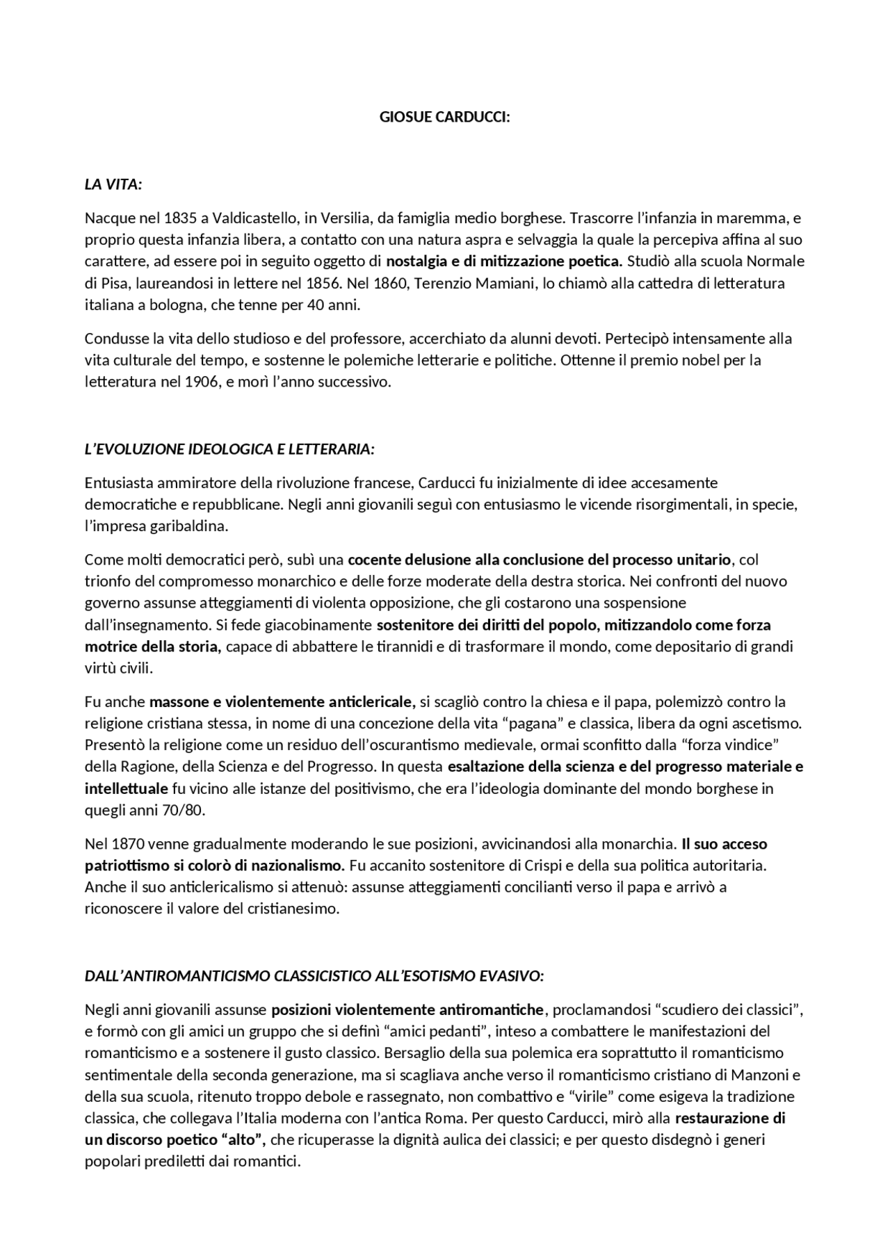 Riassunto Giosuè Carducci Docsity