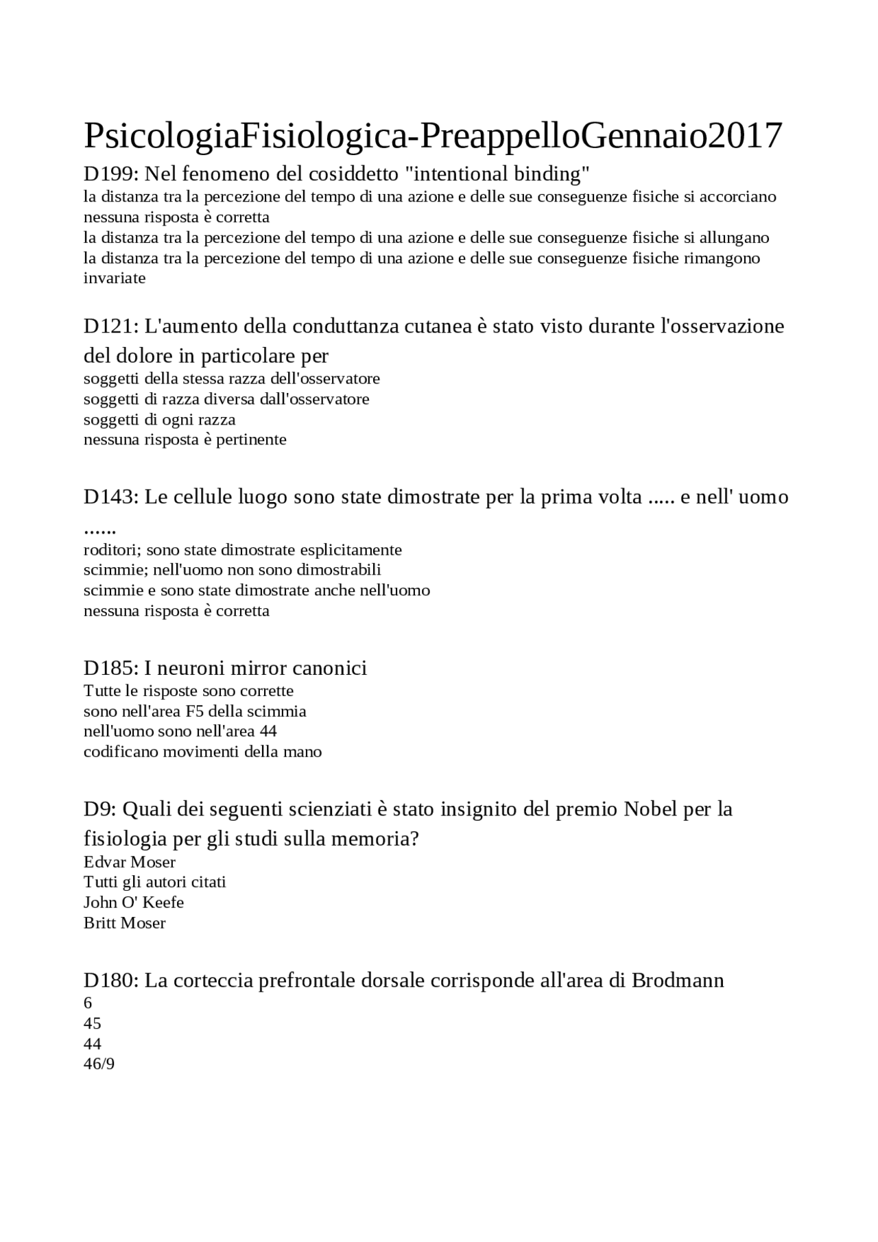 Domande Preappello Psicologia Fisiologica Docsity