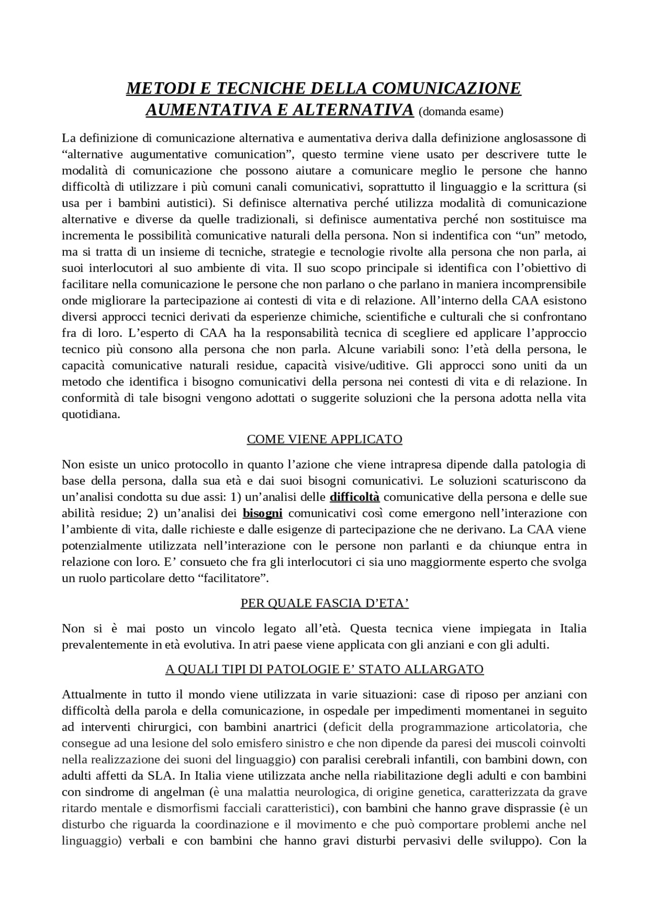 Metodi E Tecniche Della Comunicazione Aumentate E Alternativa Docsity