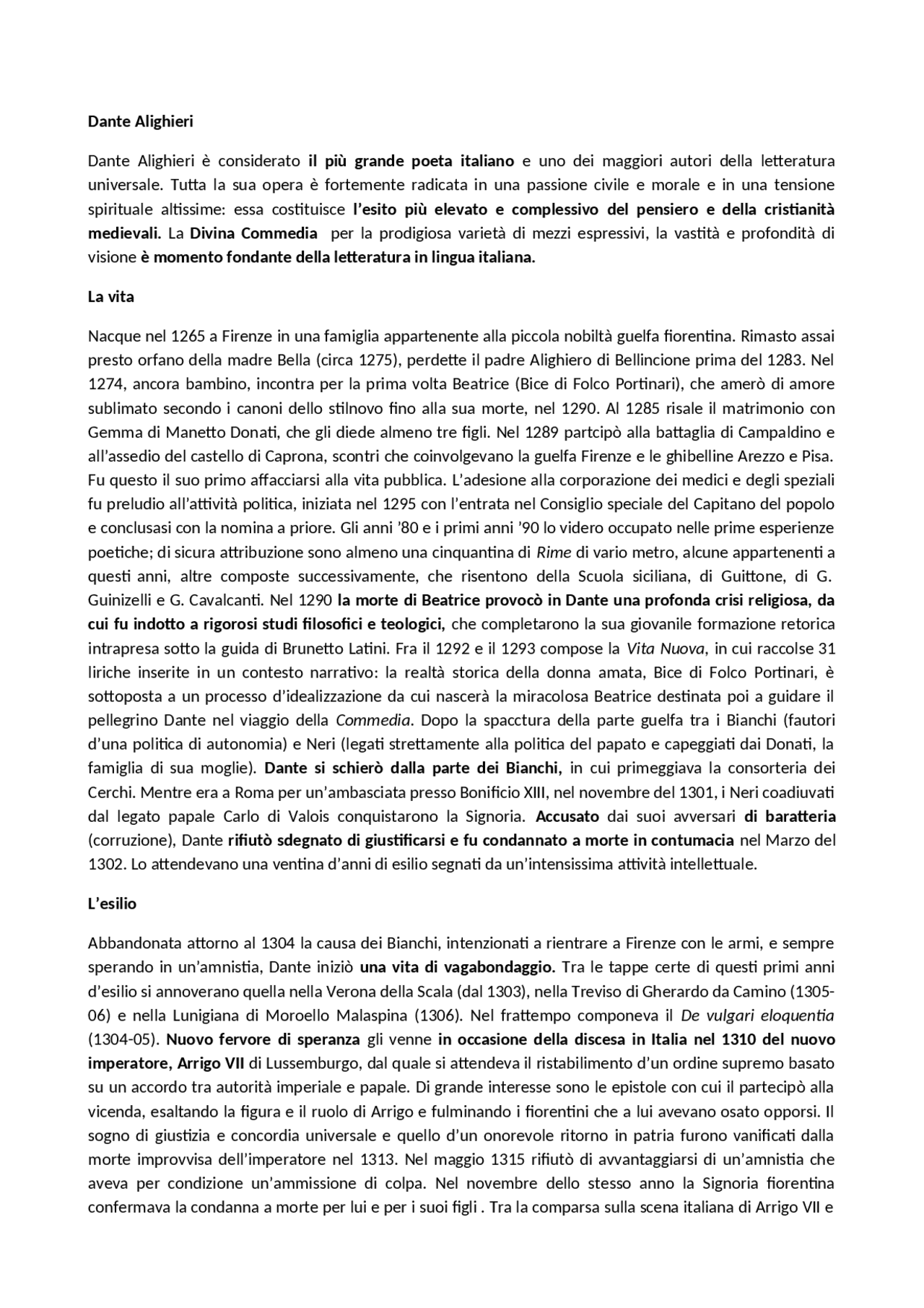 Sintesi E Schema Riassuntivo Dante Alighieri Docsity