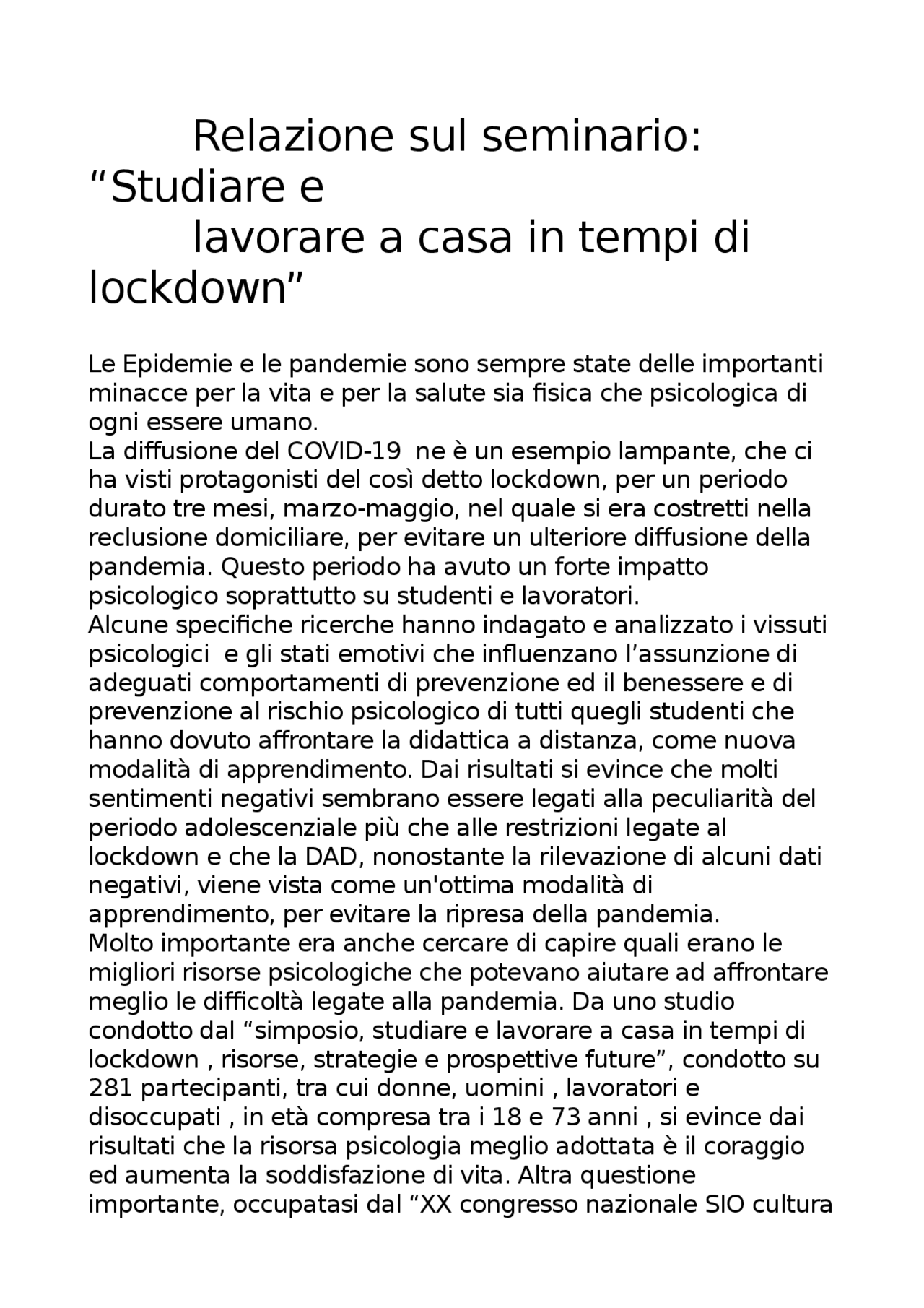 Relazione Sul Simposio Lavorare Ai Tempi Del Lockdown Docsity