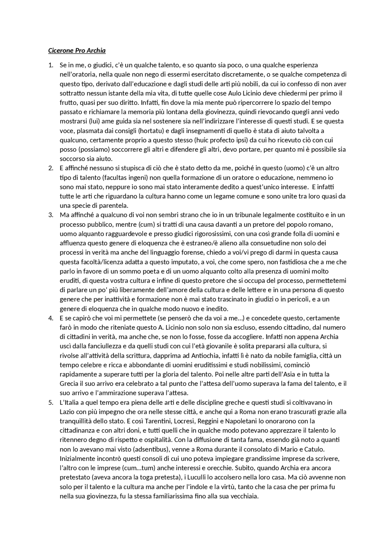 Traduzione Pro Archia Cicerone | Dispense di Letteratura latina | Docsity