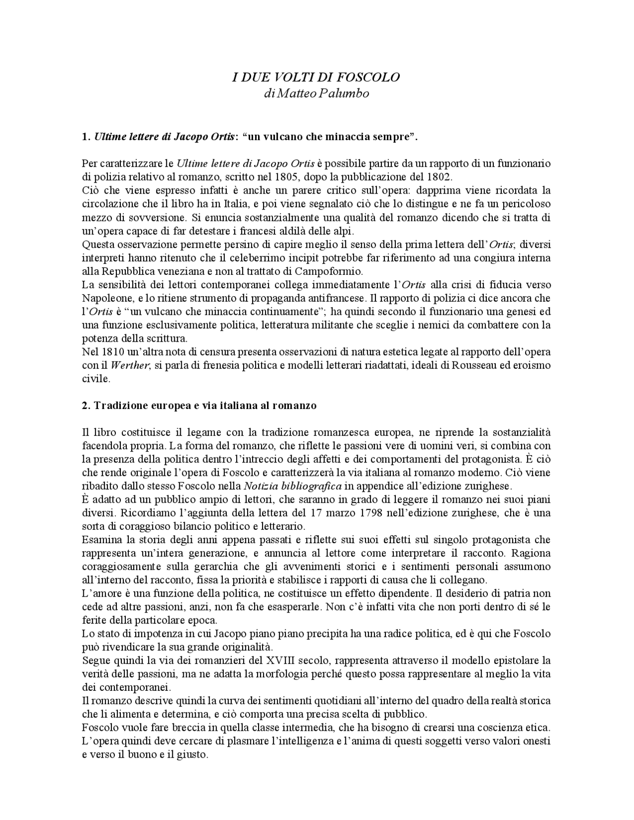 Riassunto Del Saggio I Due Volti Di Foscolo Docsity