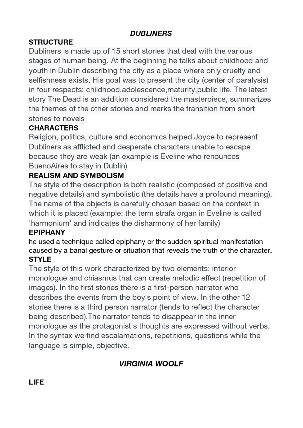 Dubliners and Virginia Woolf - Docsity