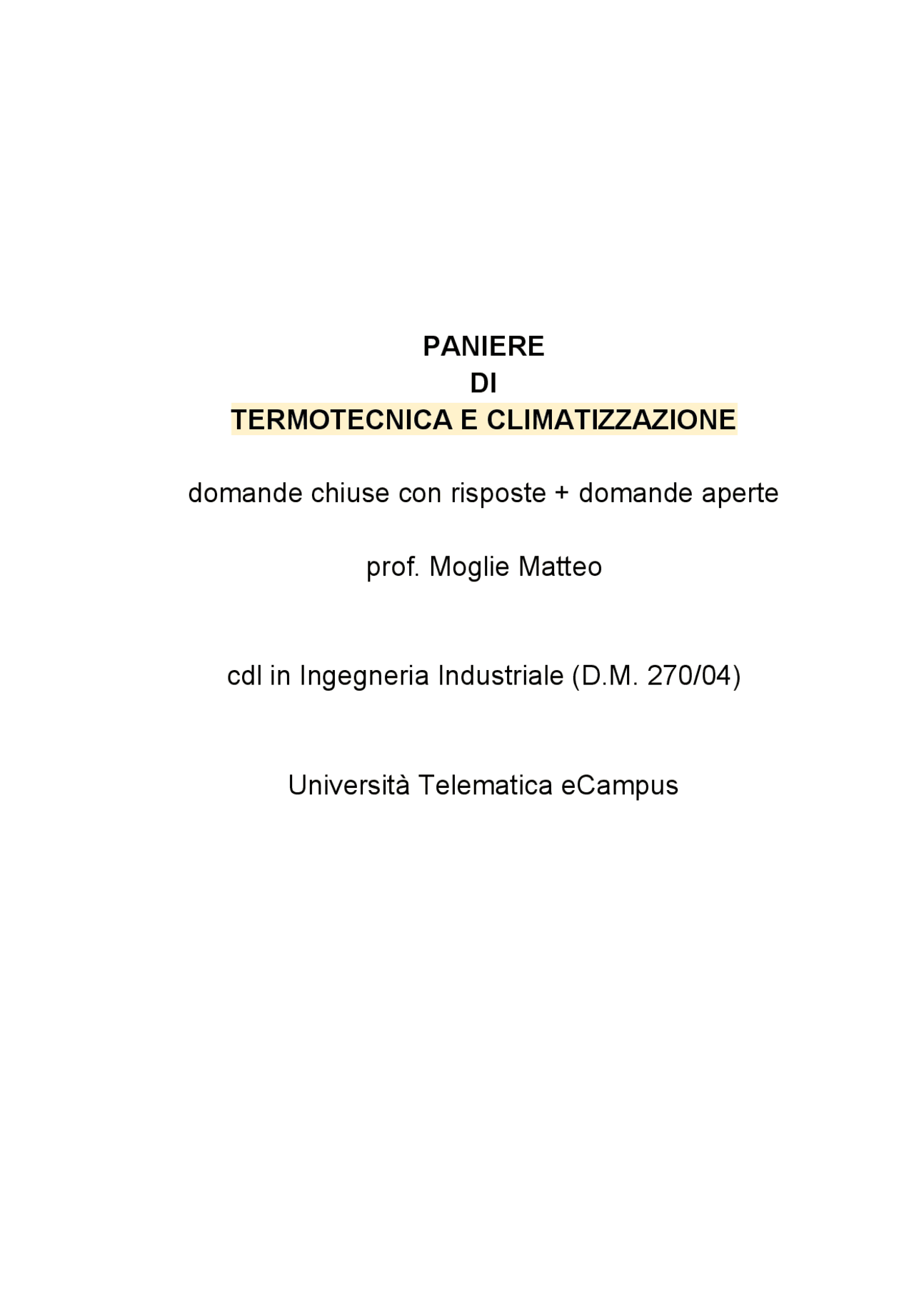 Paniere Di Termotecnica E Climatizzazione Prof Moglie Ecampus