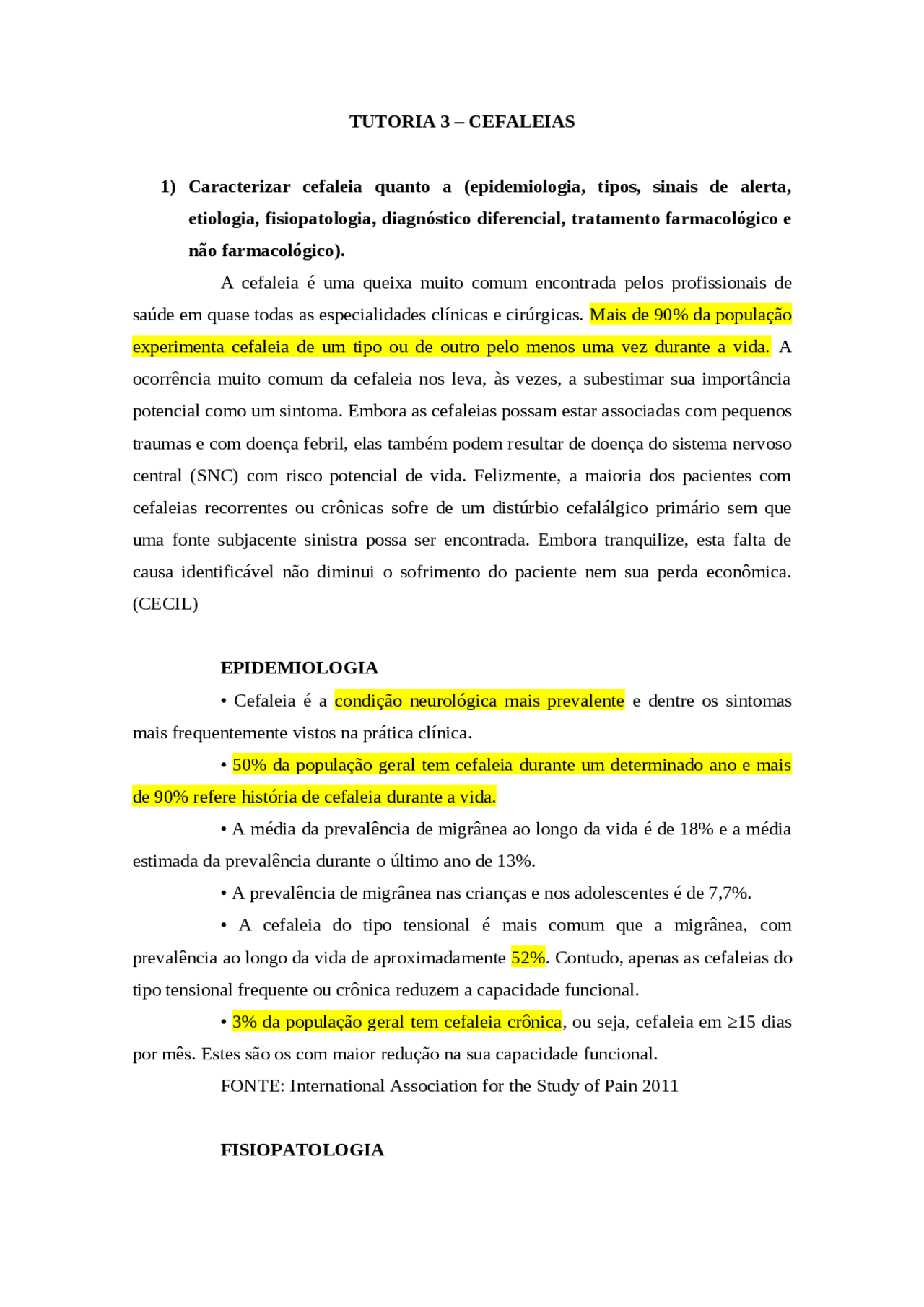 Cefaleia, tipos e características - Docsity