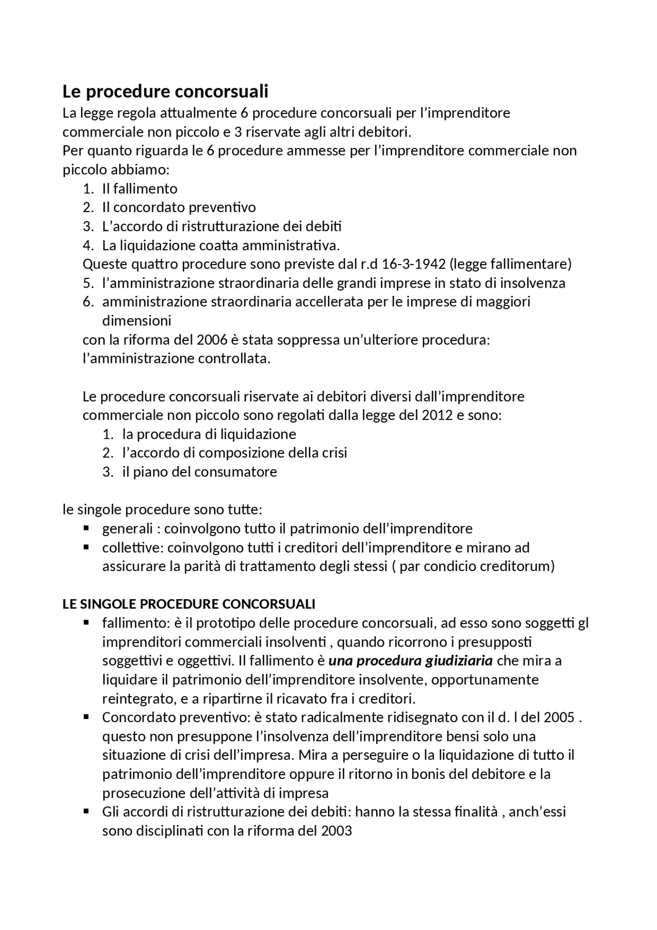 Le Procedure Concorsuali Diritto Commerciale Docsity