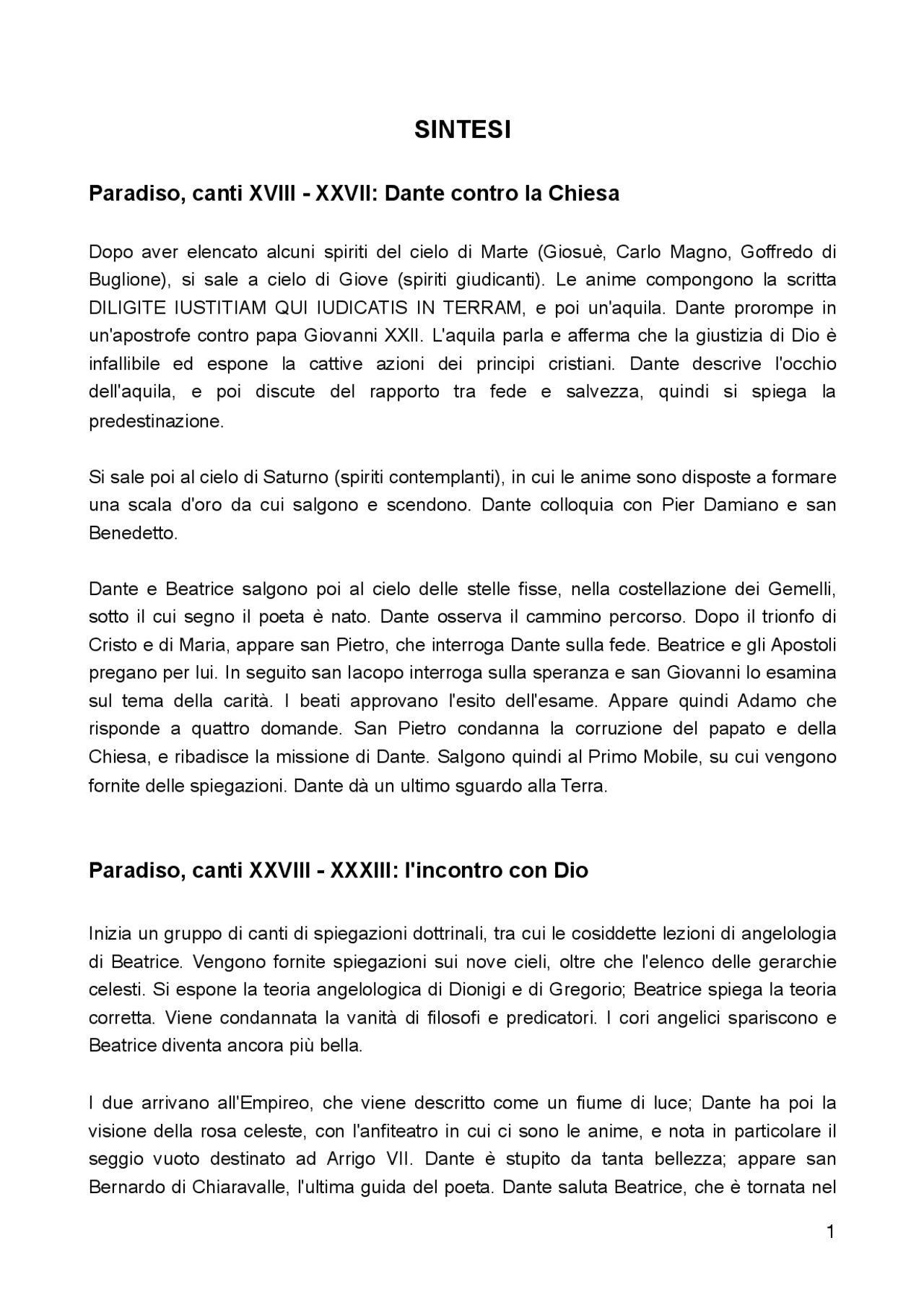 Riassunti Canti Paradiso Divina Commedia Docsity