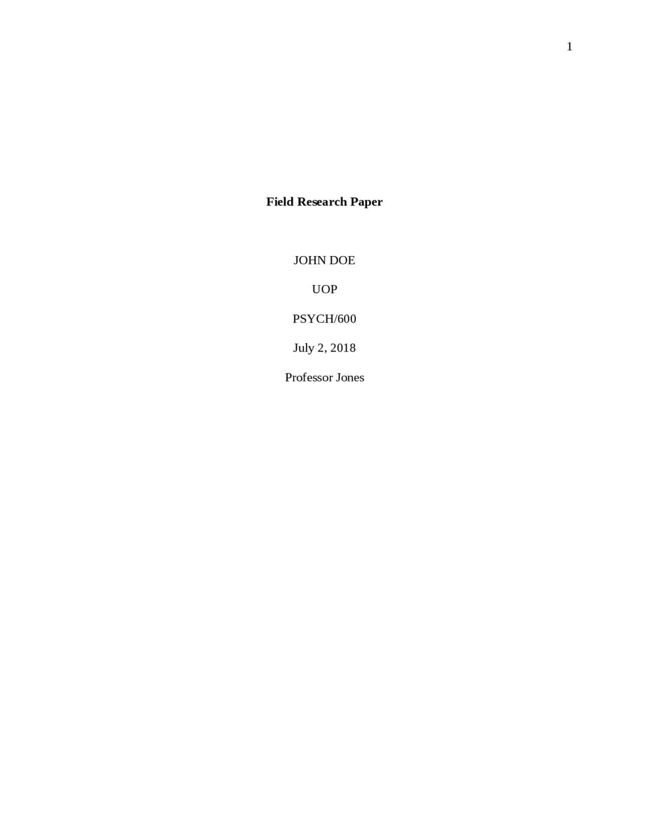 PSYCH/600 FIELD RESEARCH PAPER - Docsity