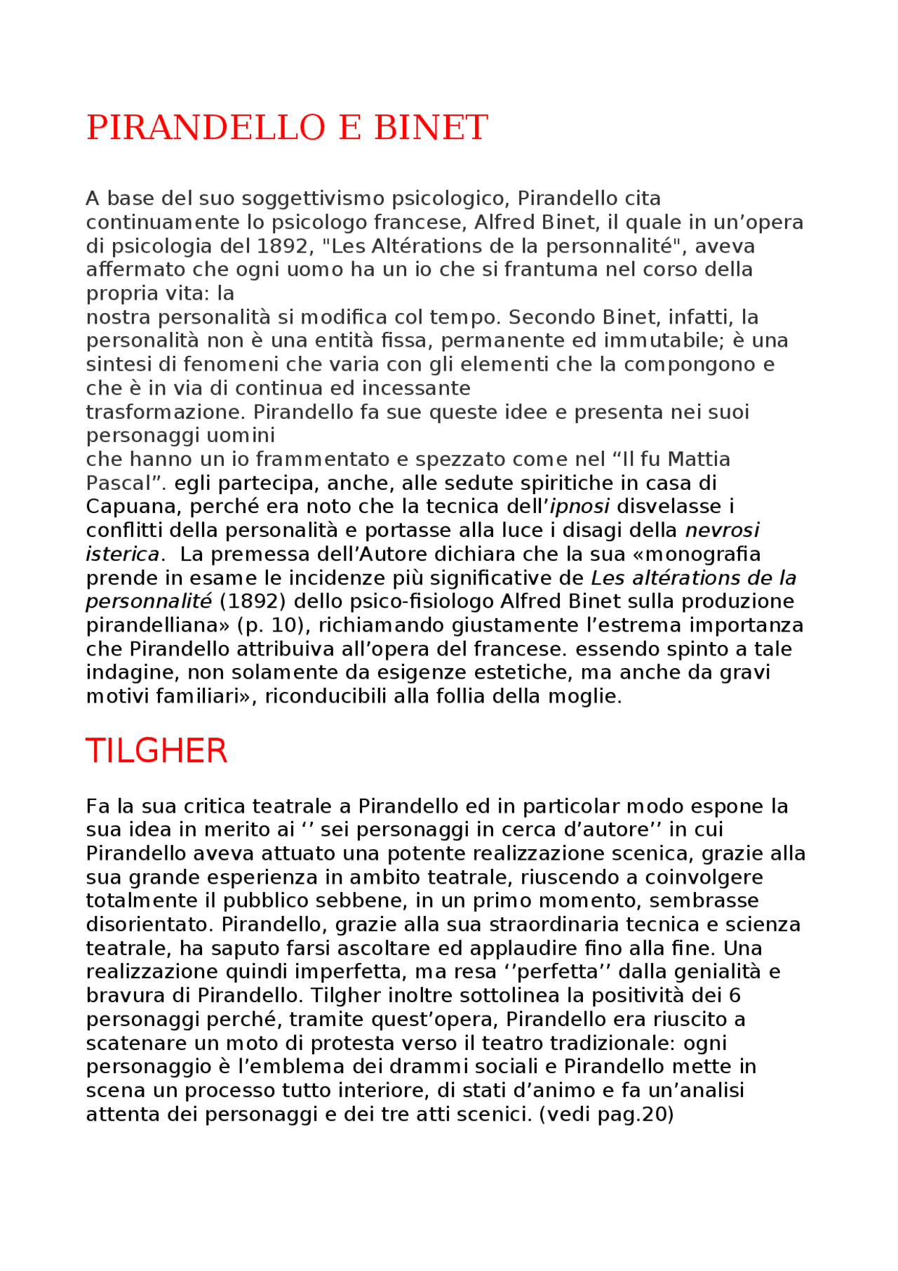 Appunti Personali Su Pirandello E Binet Docsity