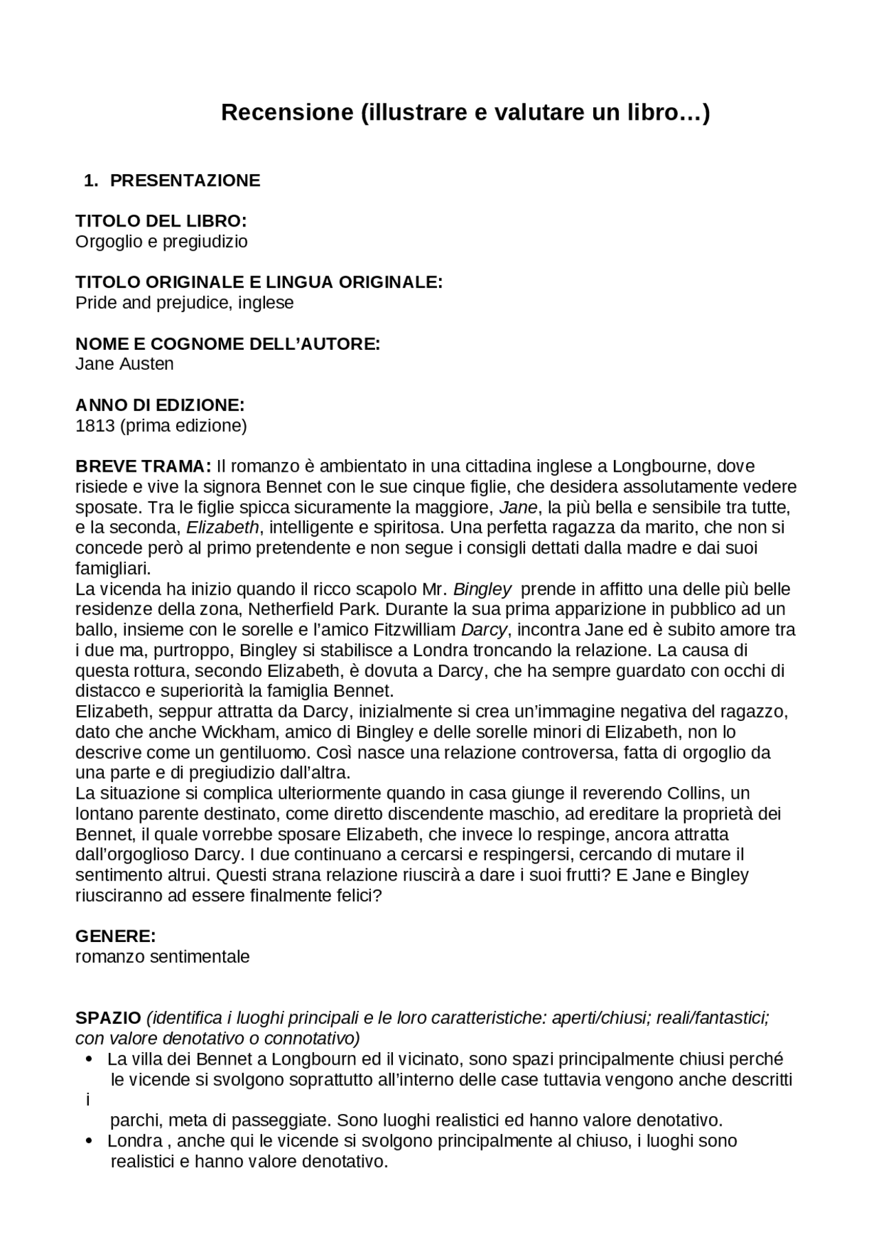 Recensione Orgoglio E Pregiudizio Docsity