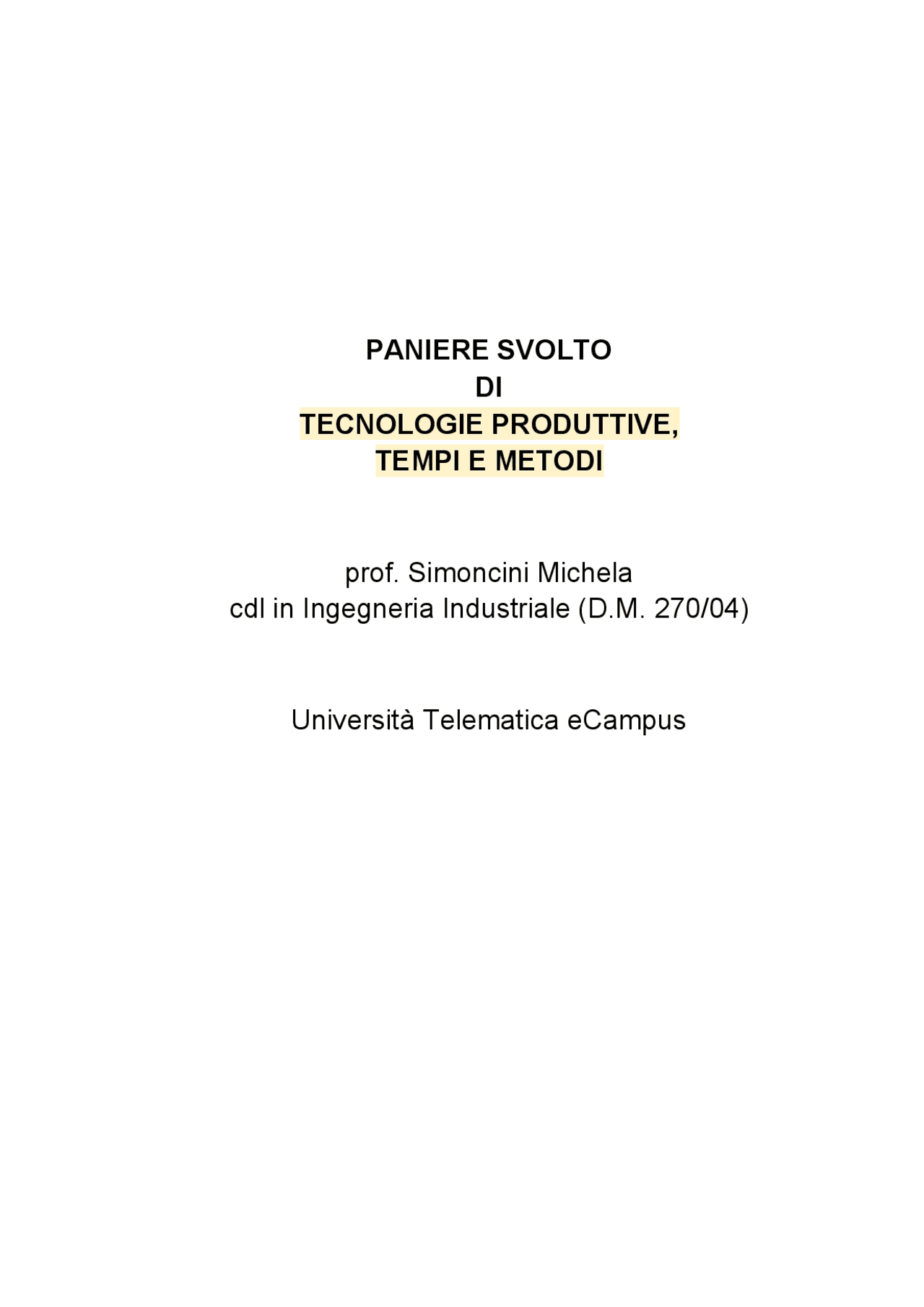 Paniere Svolto Di Tecnologie Produttive Tempi E Metodi Prof
