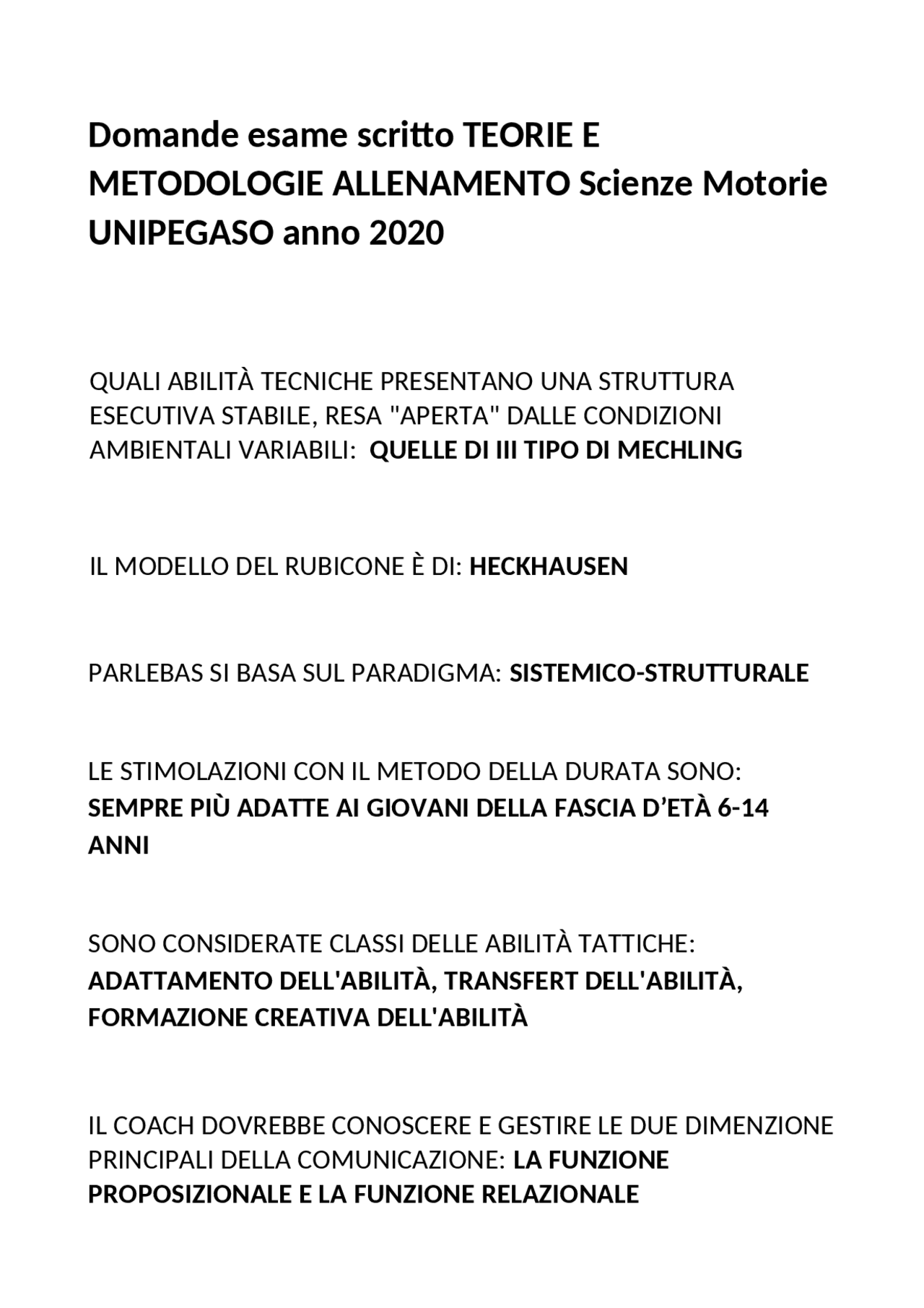 Domande Esame Scritto Teorie E Metodologie Allenamento Scienze Motorie