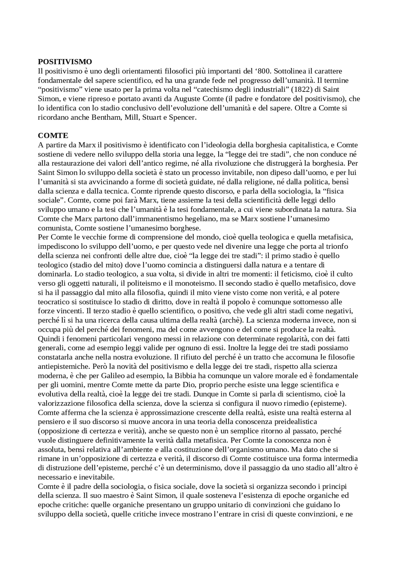 Il Positivismo E Comte Docsity