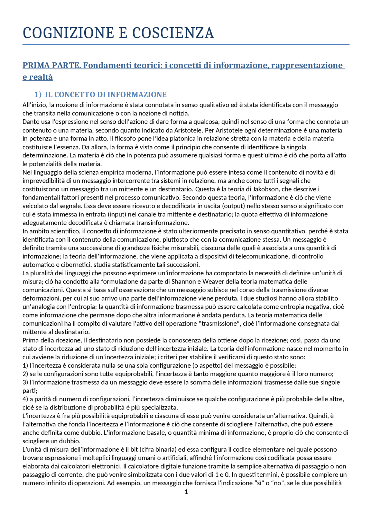 "Cognizione e Coscienza", Aldo Stella - Docsity
