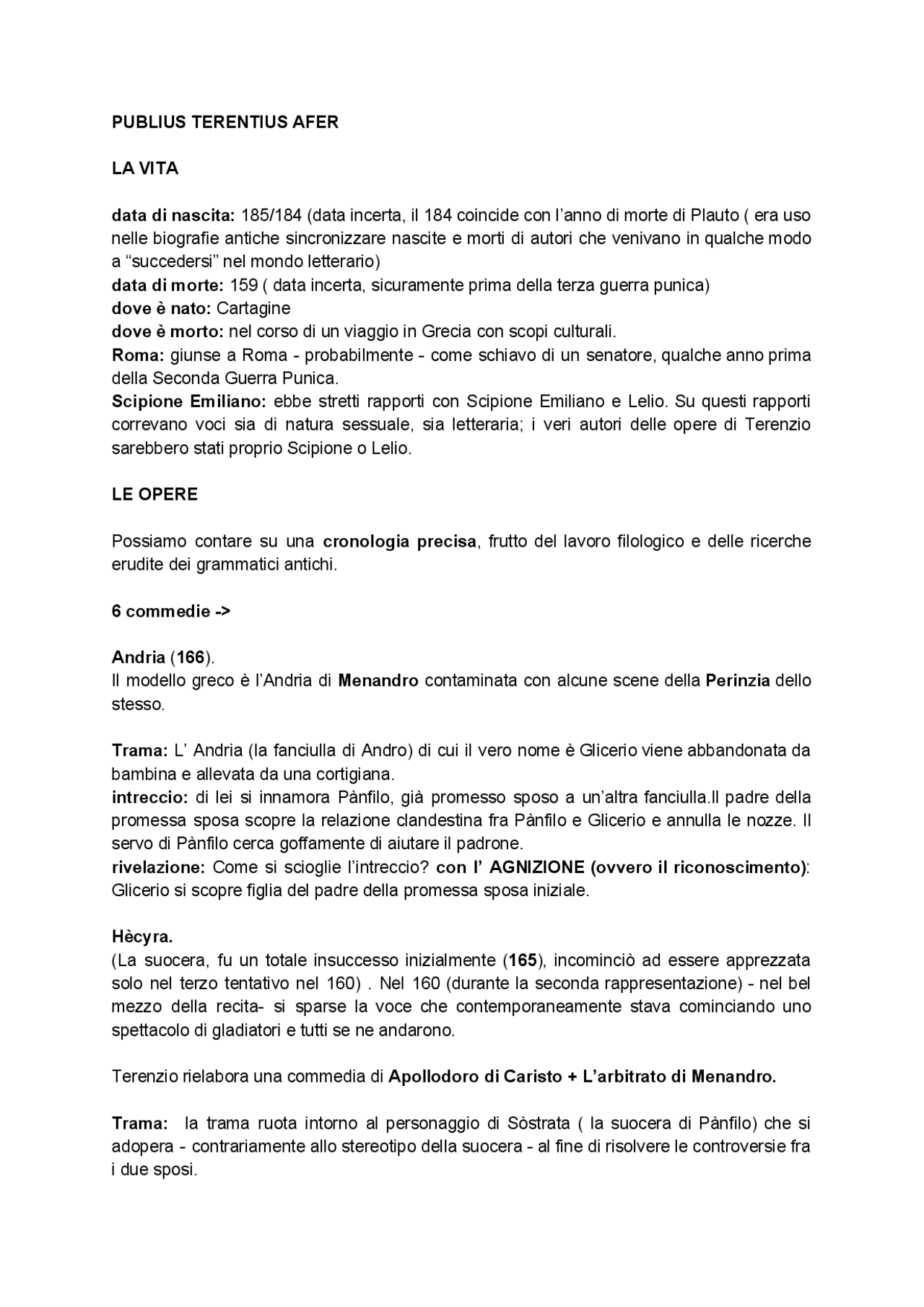 Riassunto Vita E Opere Di Terenzio Docsity