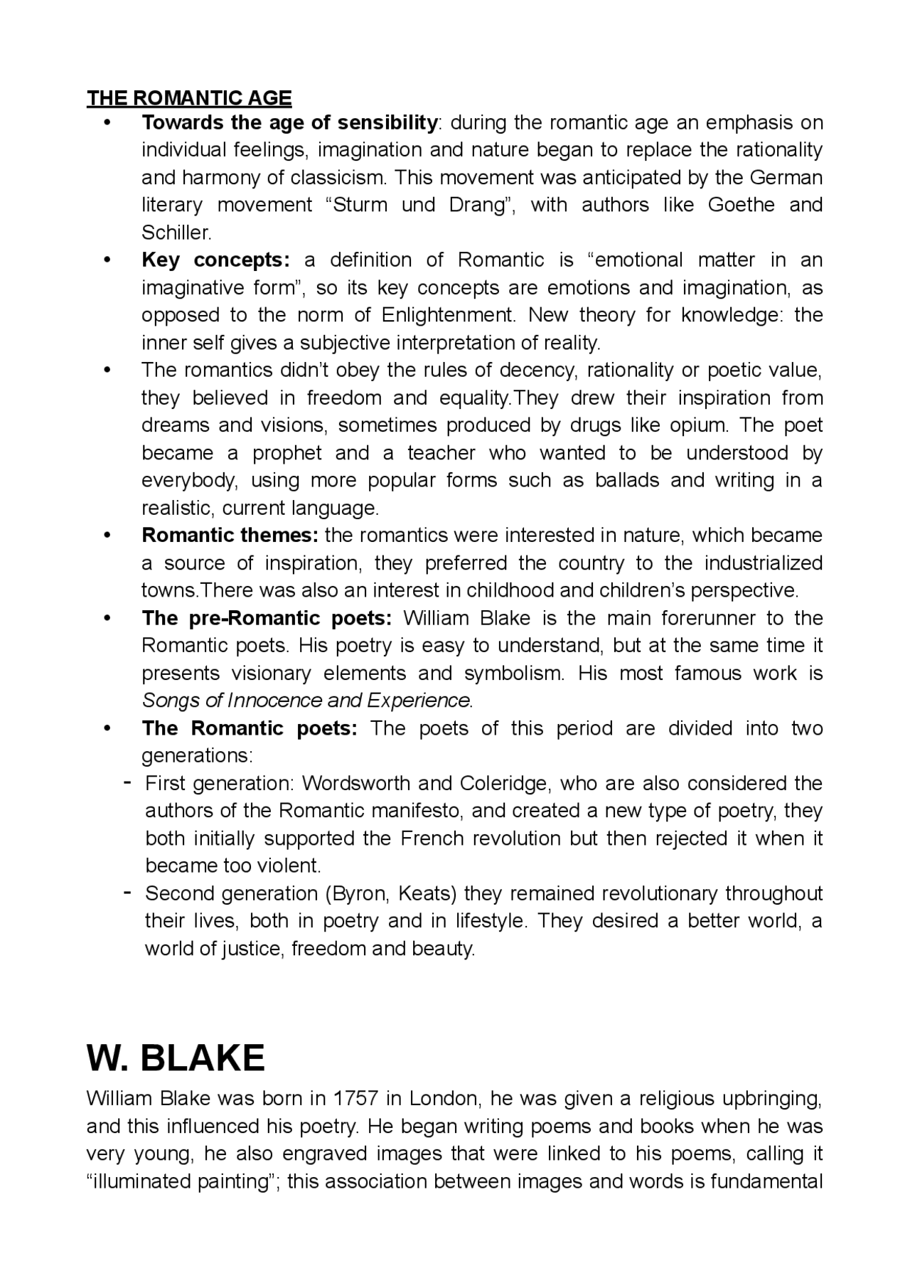 Riassunto Romantic Age E W Blake Docsity