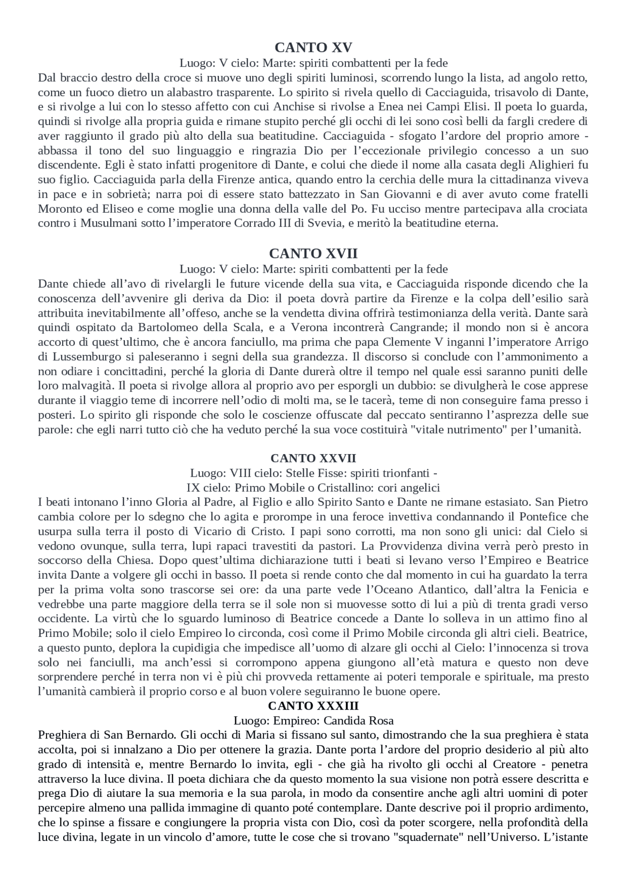 Riassunti Canti Del Paradiso Docsity