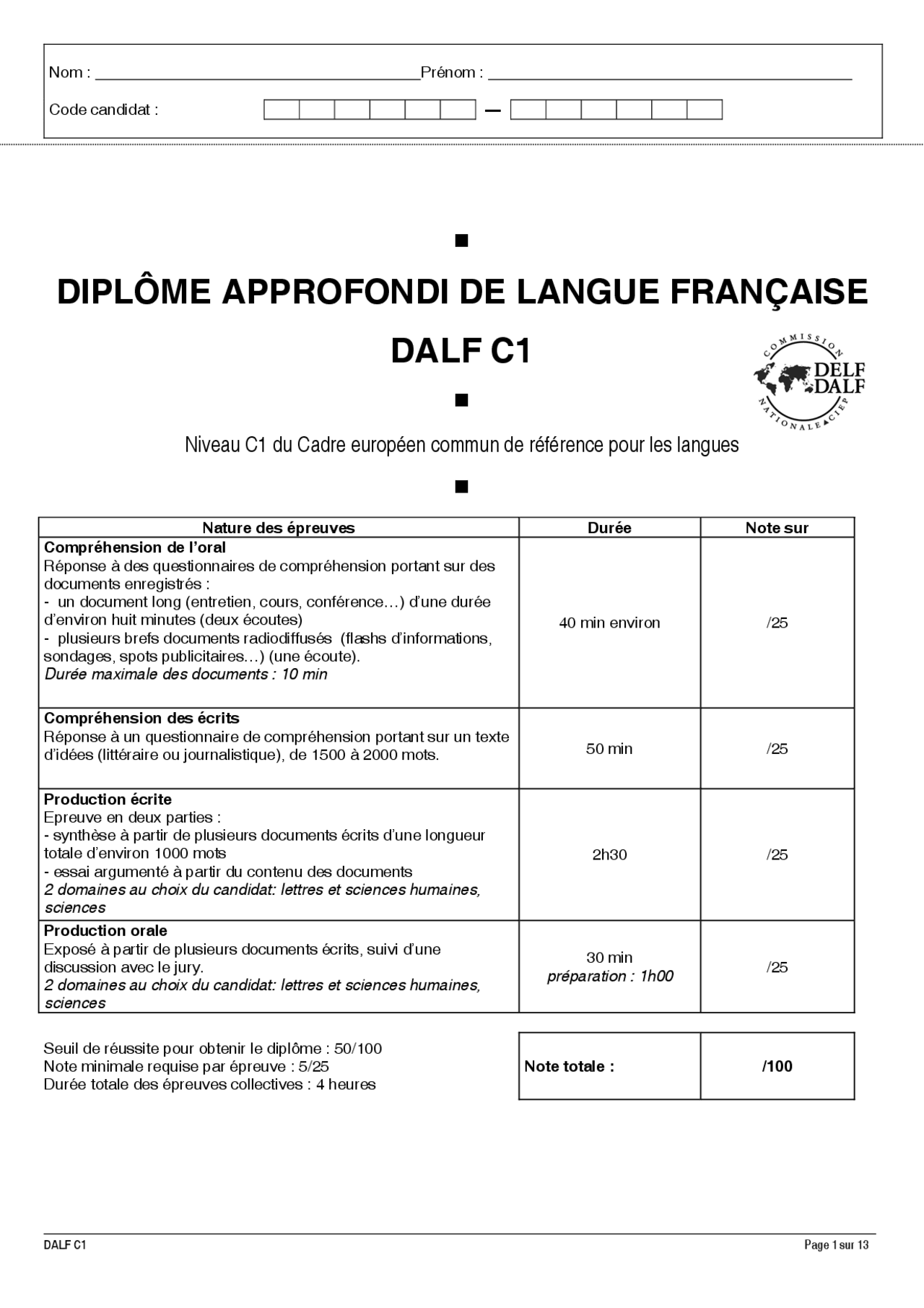 Prova Delf C1 Francese Docsity