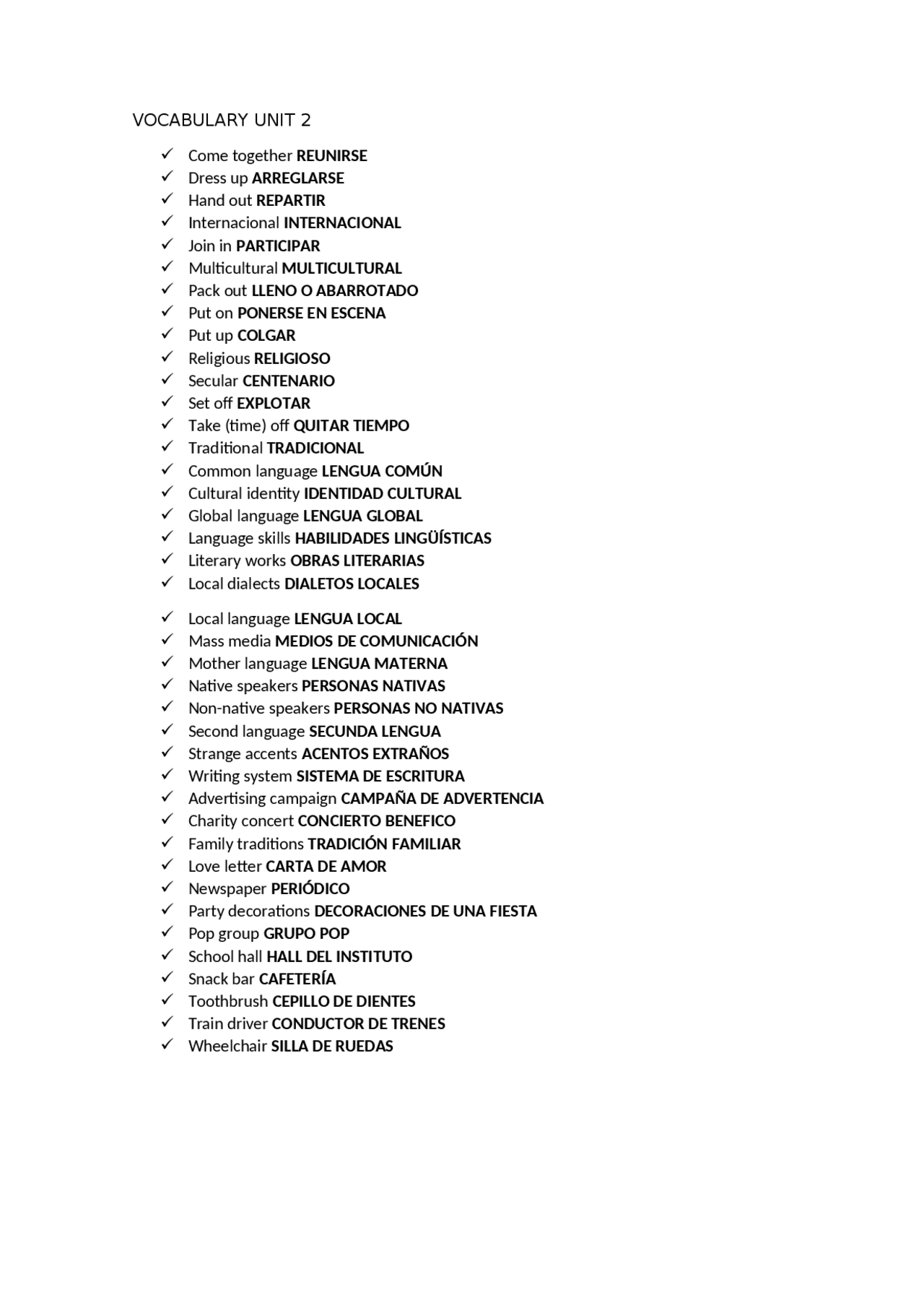 Vocabulario unidad 2 y 3 - Docsity