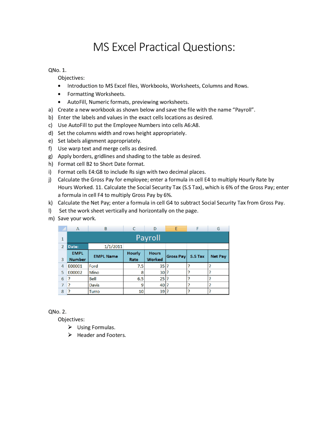 Excel Practical Questions Exercises Computer Science Docsity