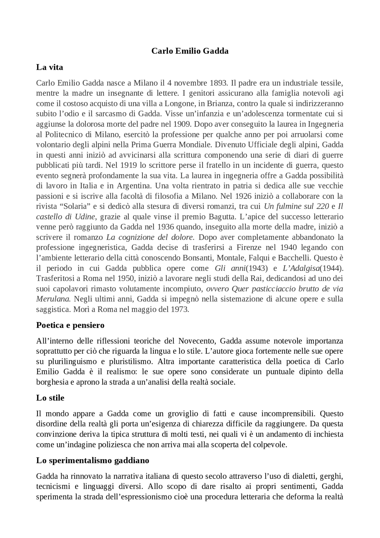 Riassunto Su Emilio Gadda Appunti Di Storia Docsity