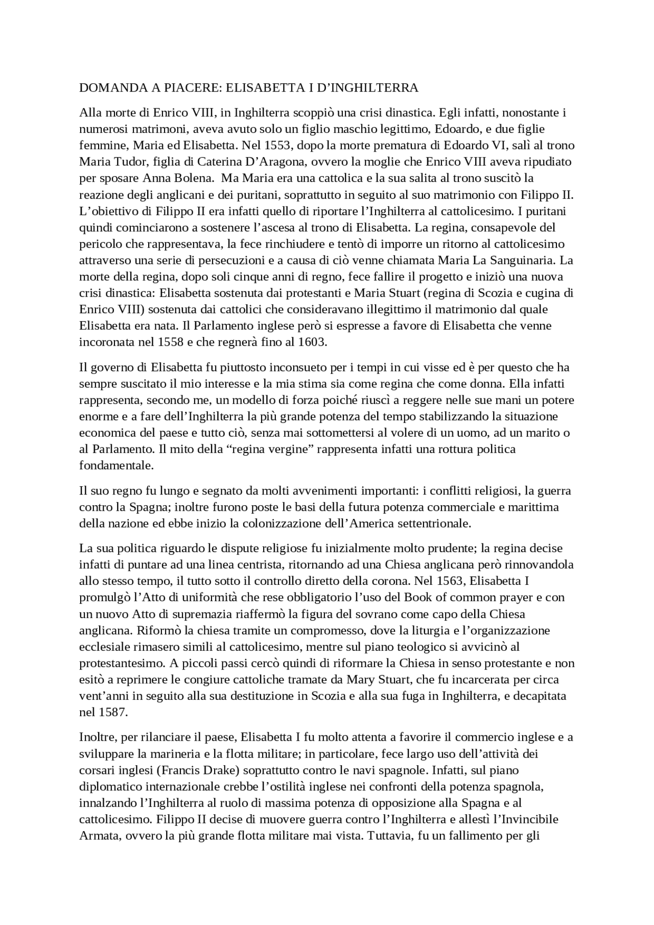 Riassunto Elisabetta I Docsity