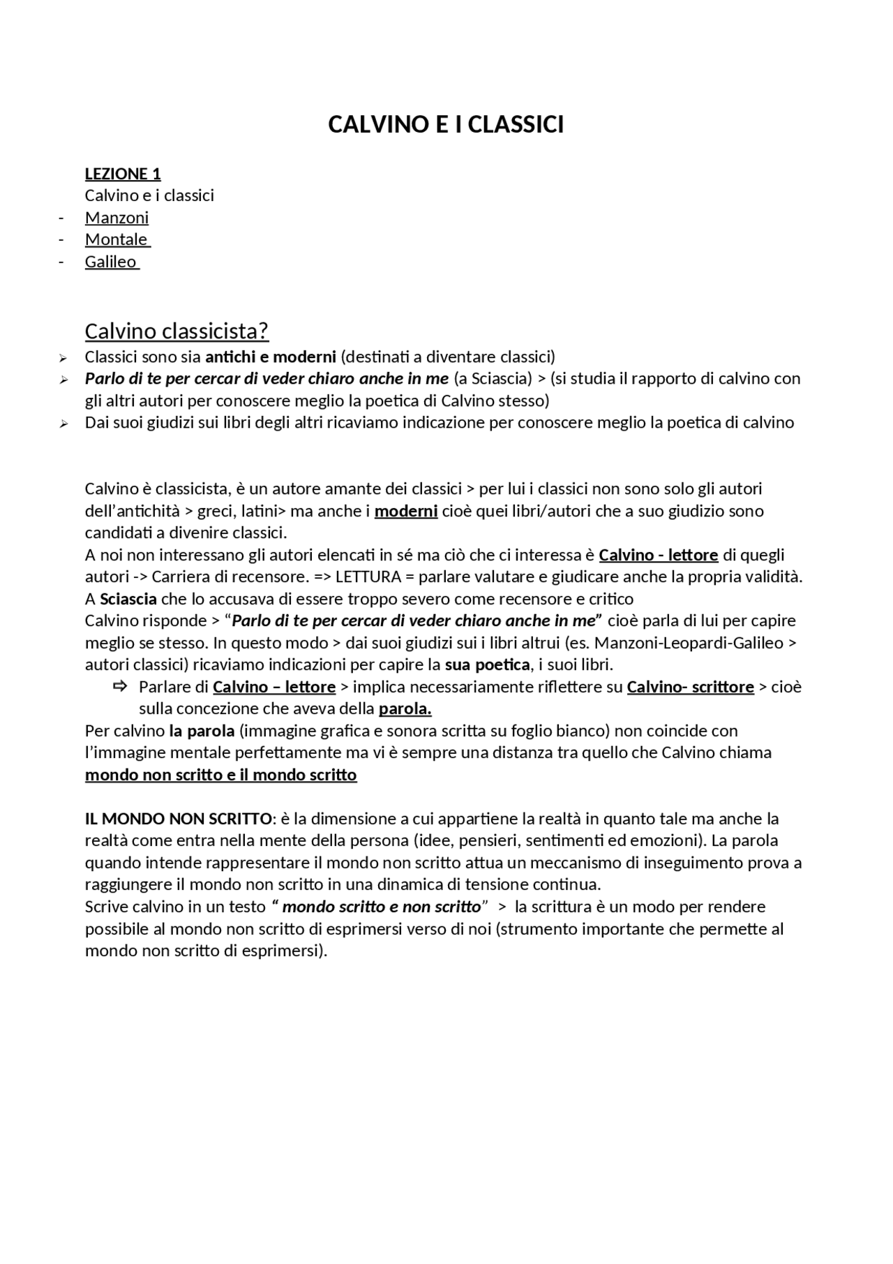 CALVINO E IL CLASSICISMO - Docsity