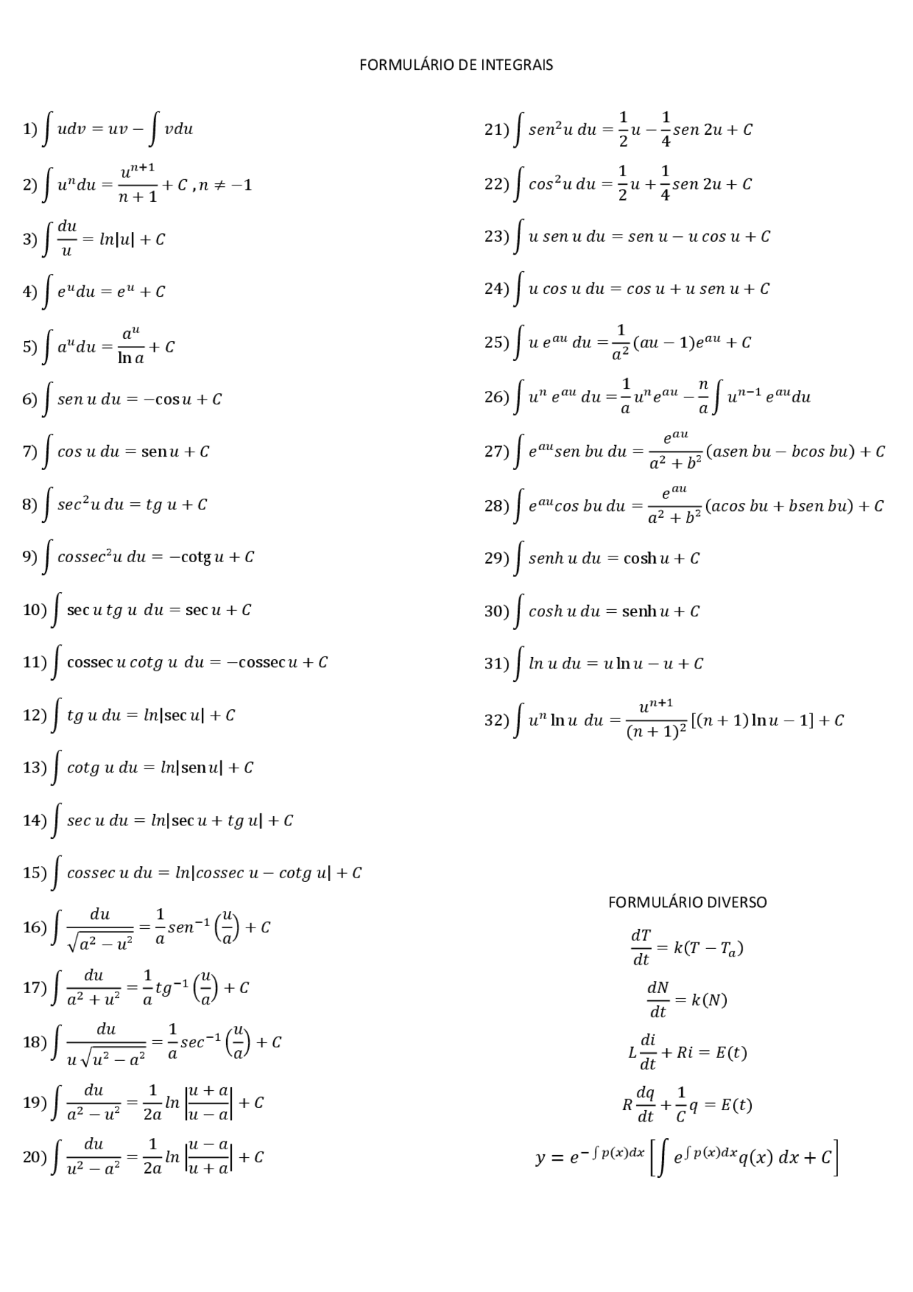 Formulario de intergrais edo - Docsity