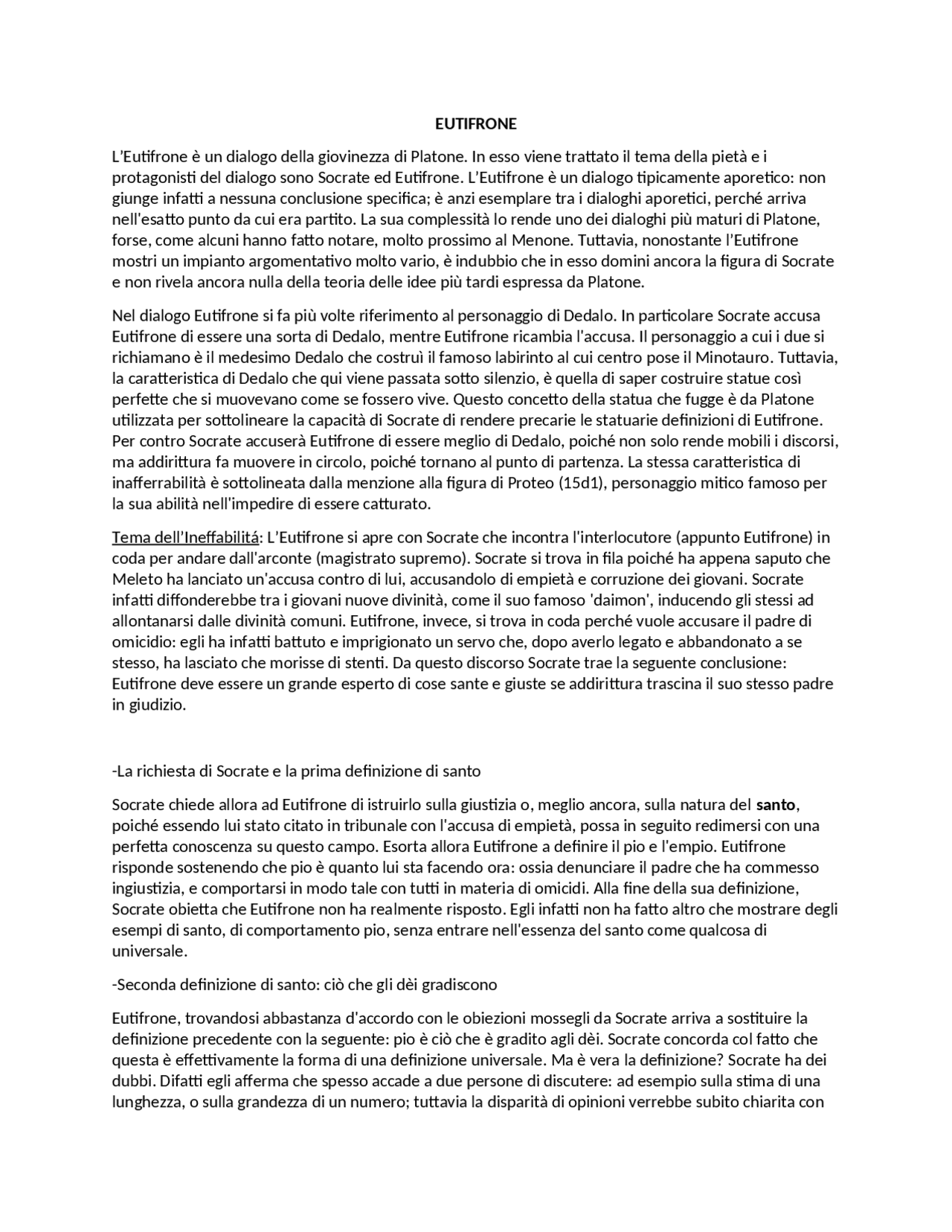 Riassunto Eutifrone Di Platone Docsity