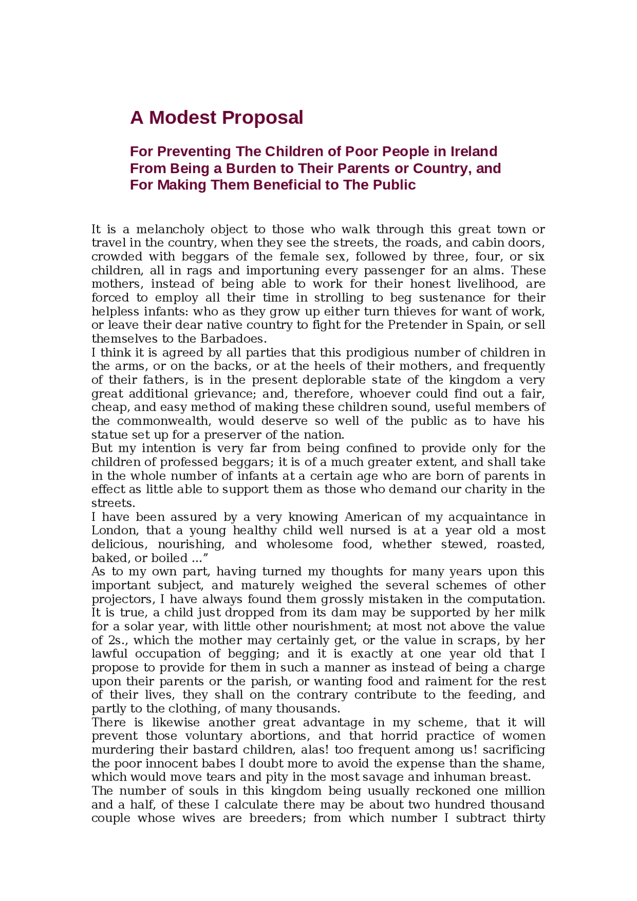 A Modest Proposal LIT.ING - Docsity