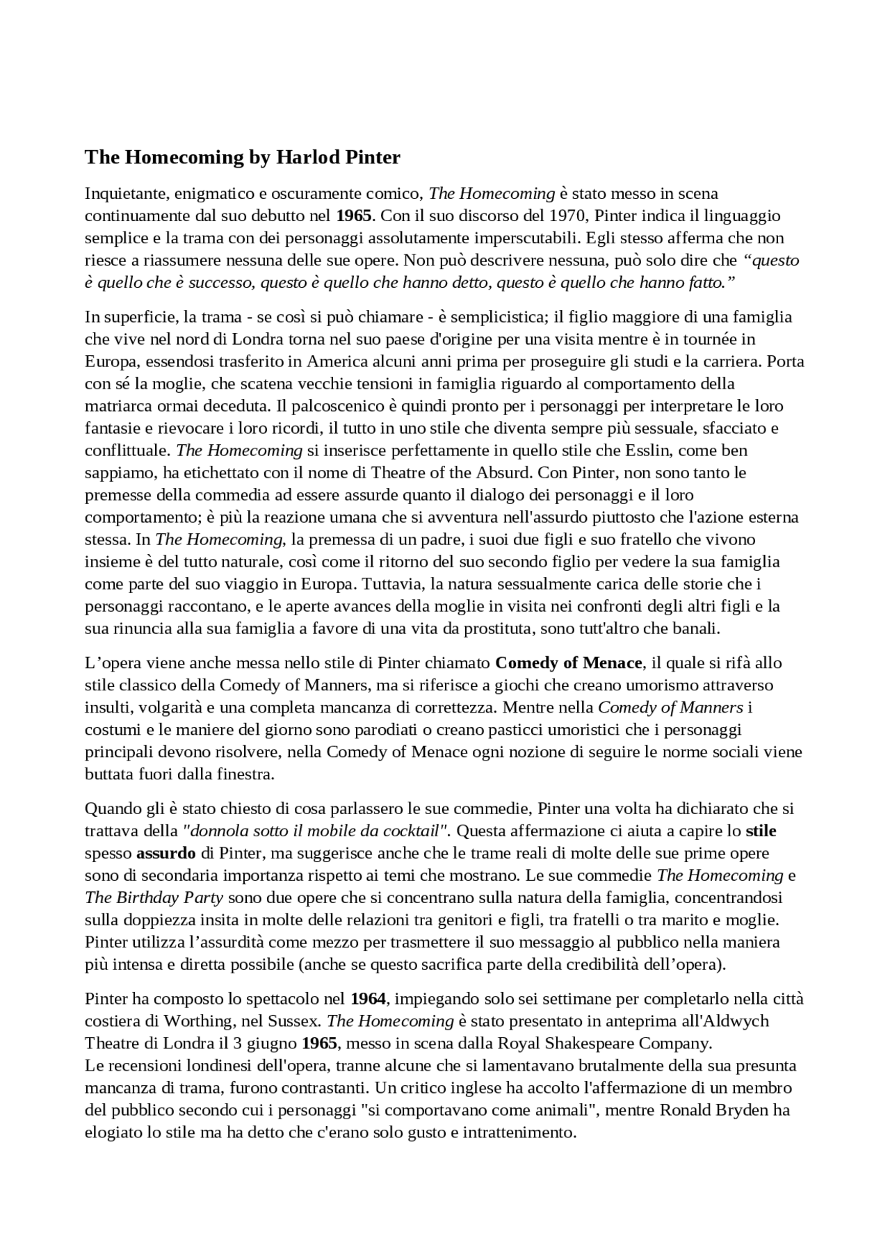 The Homecoming (Harold Pinter) - Docsity