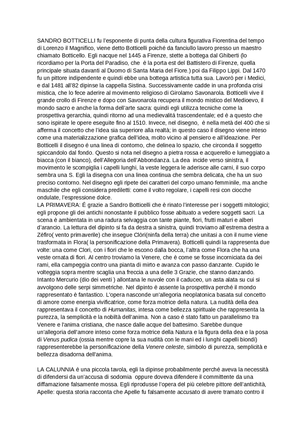 SANDRO BOTTICELLI vita e opere - Docsity