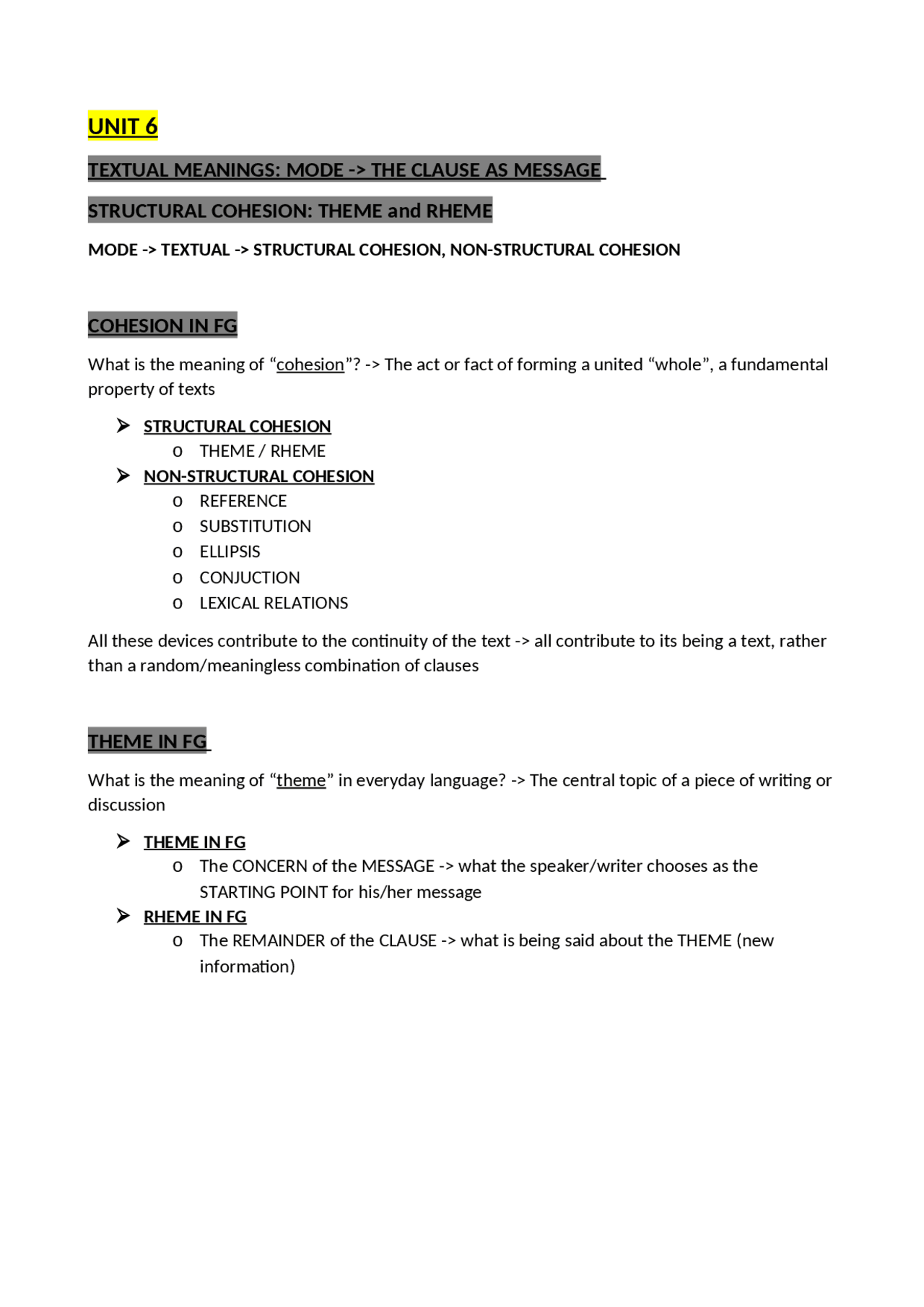 UNIT 6 - The textual metafunction - THEME - Docsity