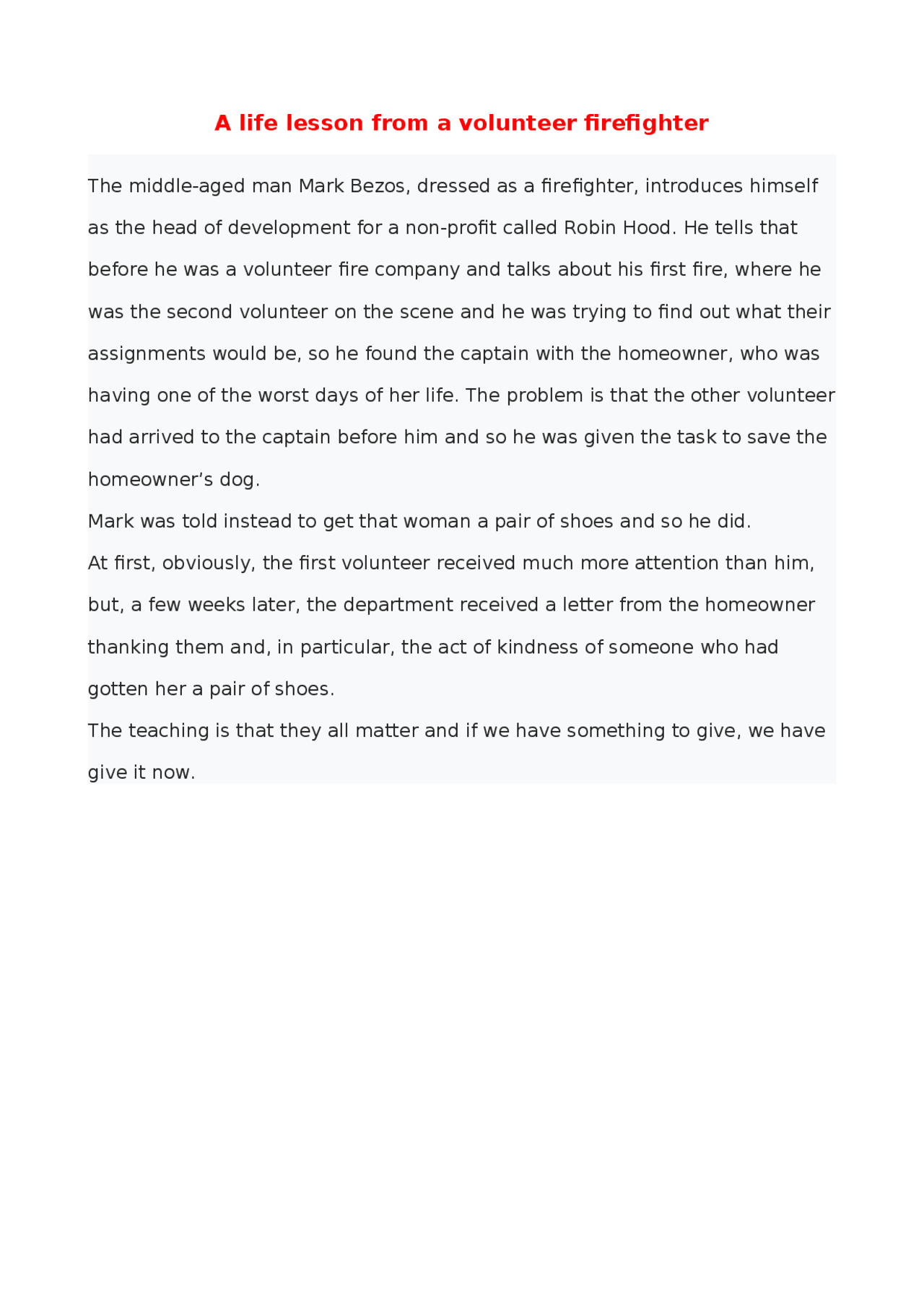 A life lesson from a volunteer firefighter - Docsity