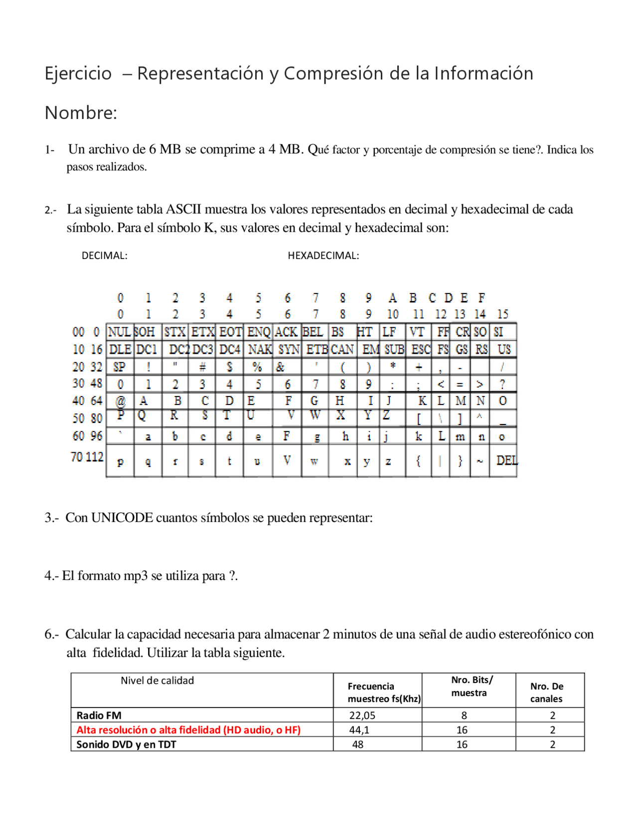 Representación y Compresión de la Información | Ejercicios de ...