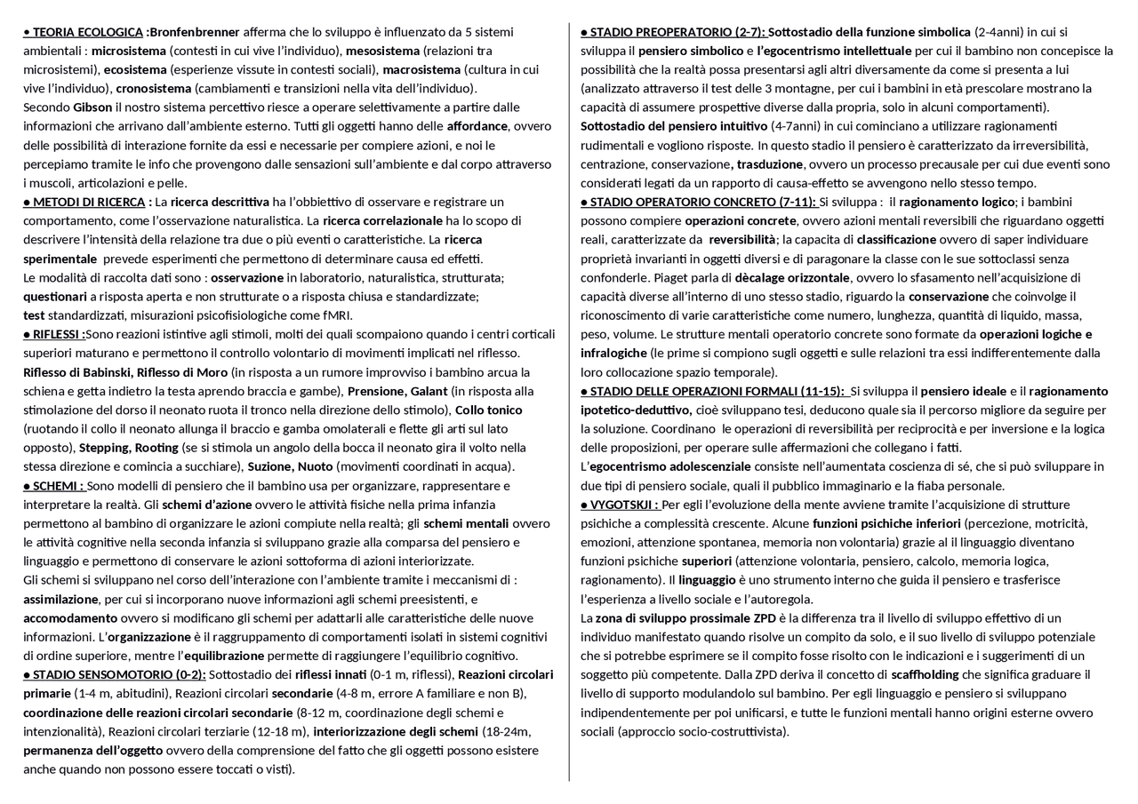 Schema Riassuntivo Psicologia Dello Sviluppo Docsity