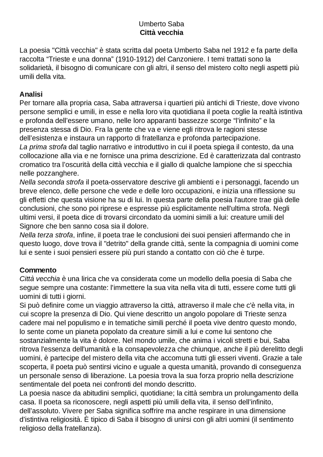 Umberto Saba Città Vecchia Docsity