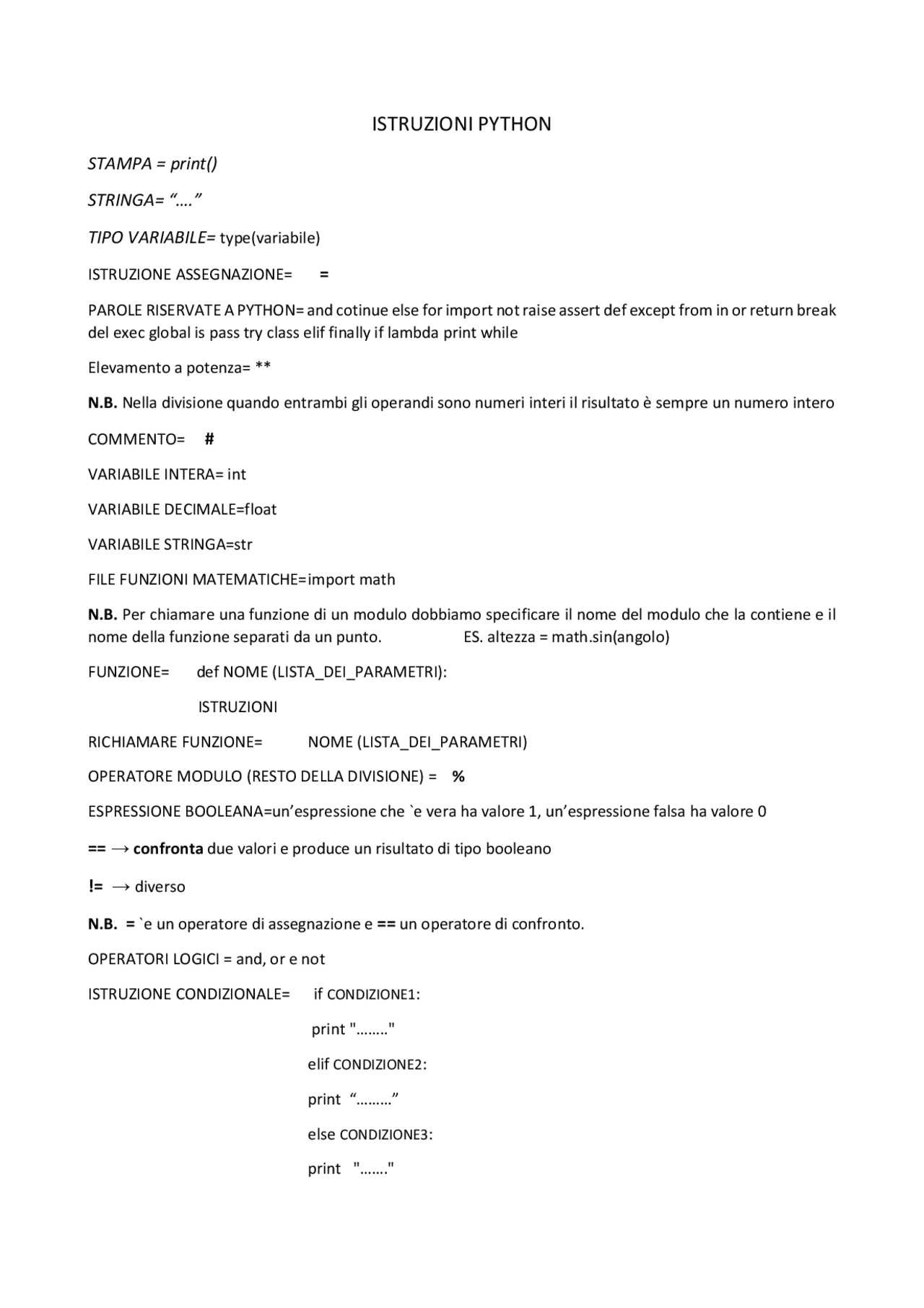 Istruzioni Python per Laboratorio di informatica - Docsity