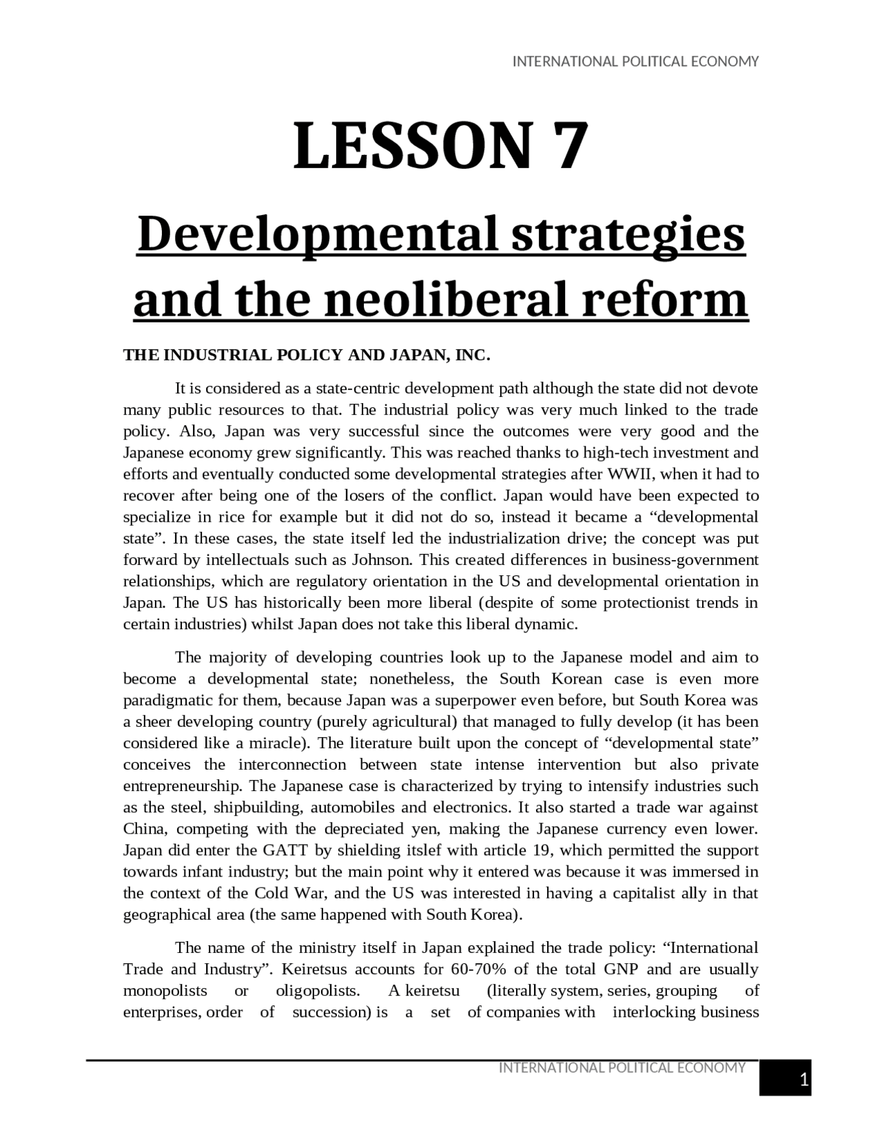 Lesson 7 - DEVELOPMENTAL STRATEGIES AND NEOLIBERAL REFORM - Docsity