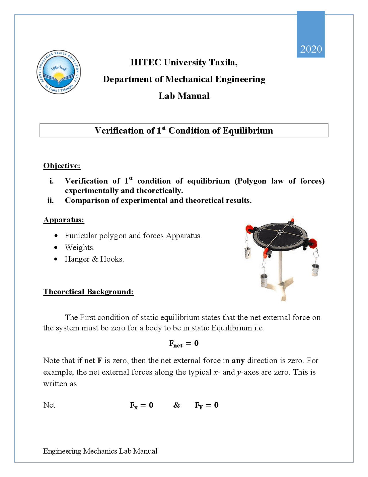 Engineering Mechanics Lab Report - Verification of 1st Condition of Equilibrium | Lab Reports ...
