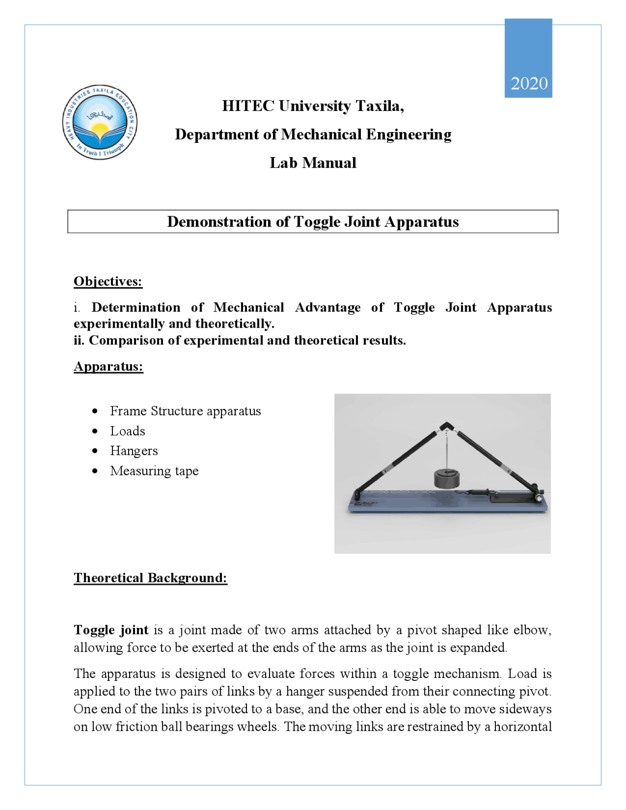 Engineering Mechanics Lab Report - Toggle Joint Apparatus | Lab Reports ...