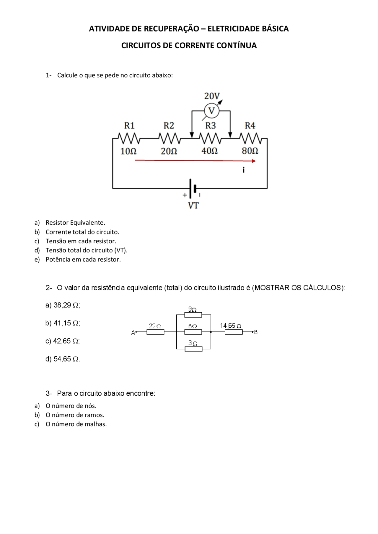 Lista De Exercícios Circuito De Corrente Contínua Docsity