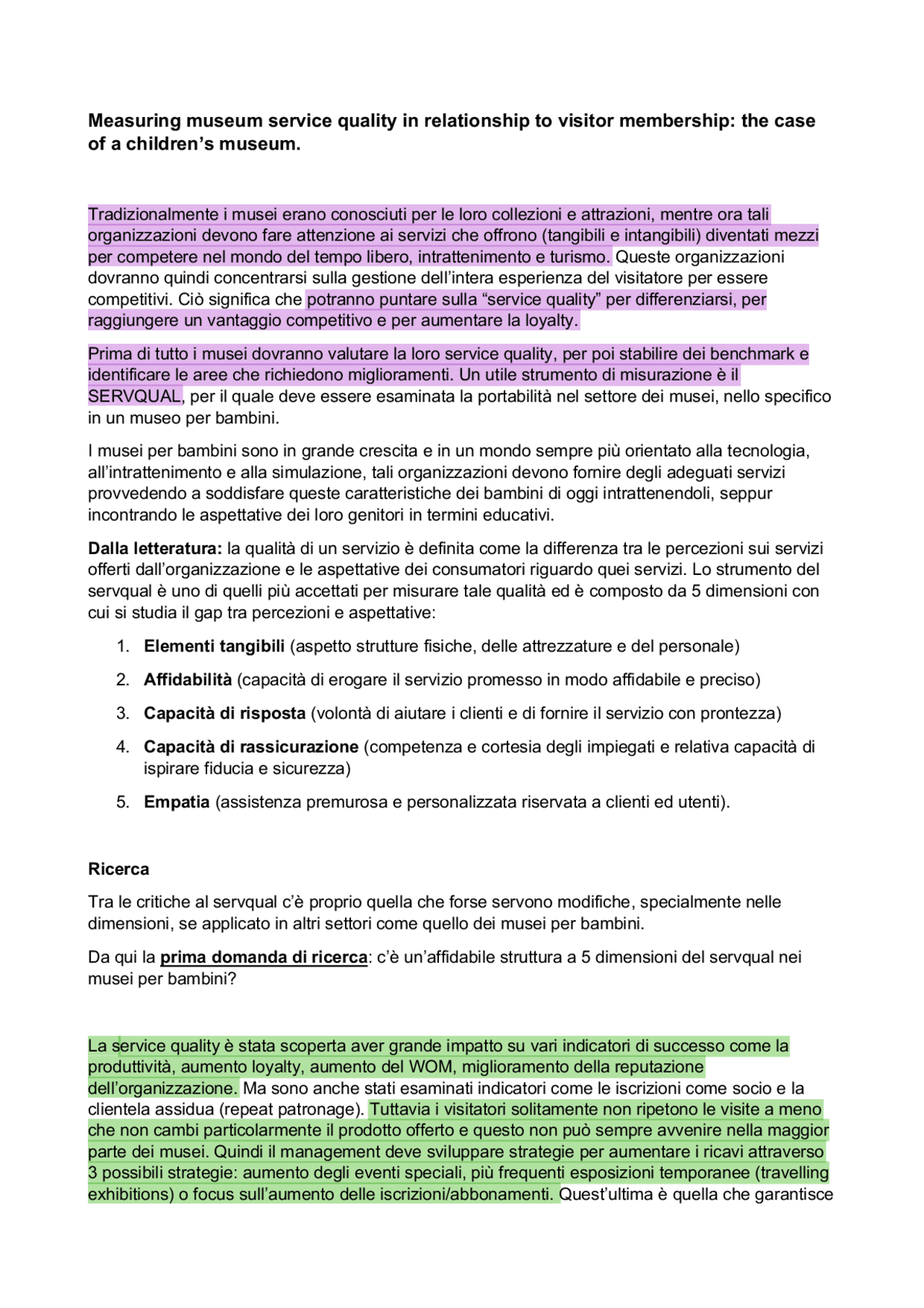 Riassunto Museum Lab Marketing Docsity