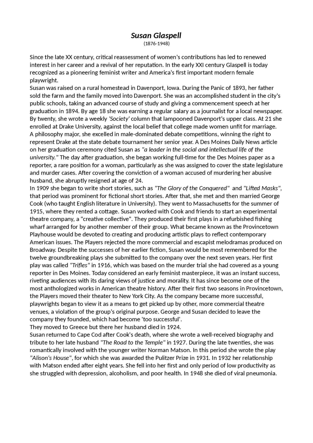 Life and Works of Susan Glaspell - Docsity